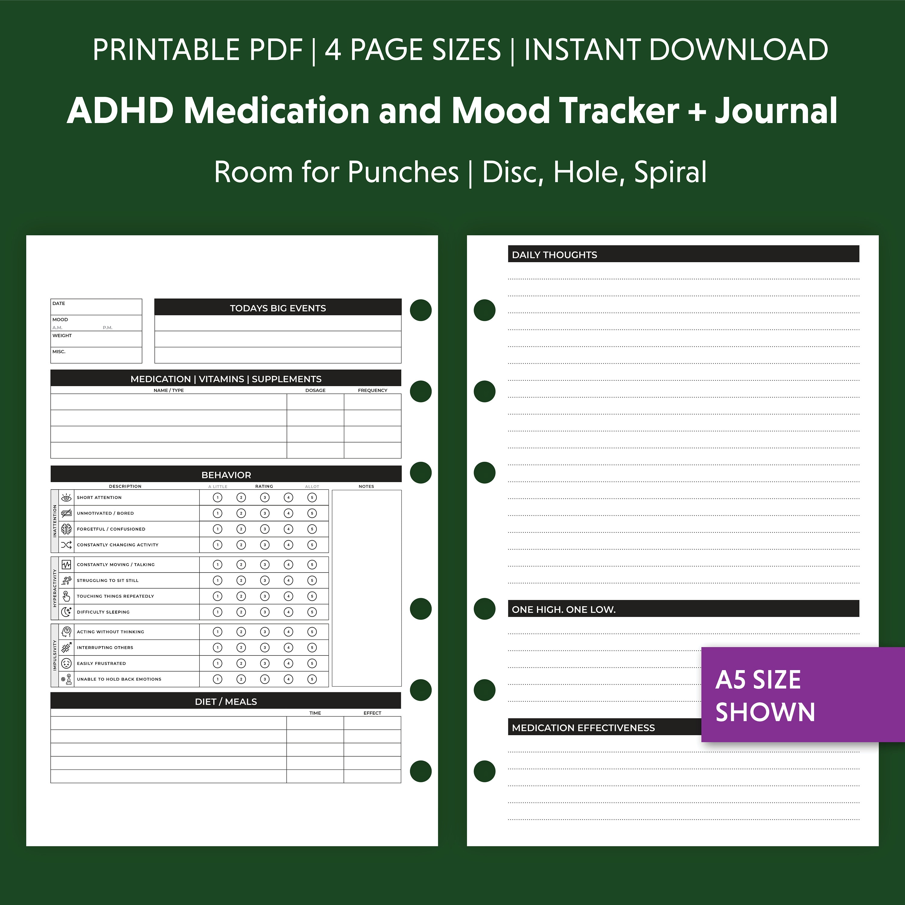 ADHD Medication and Behavior Tracker Plus Journal, Printable Simple ...