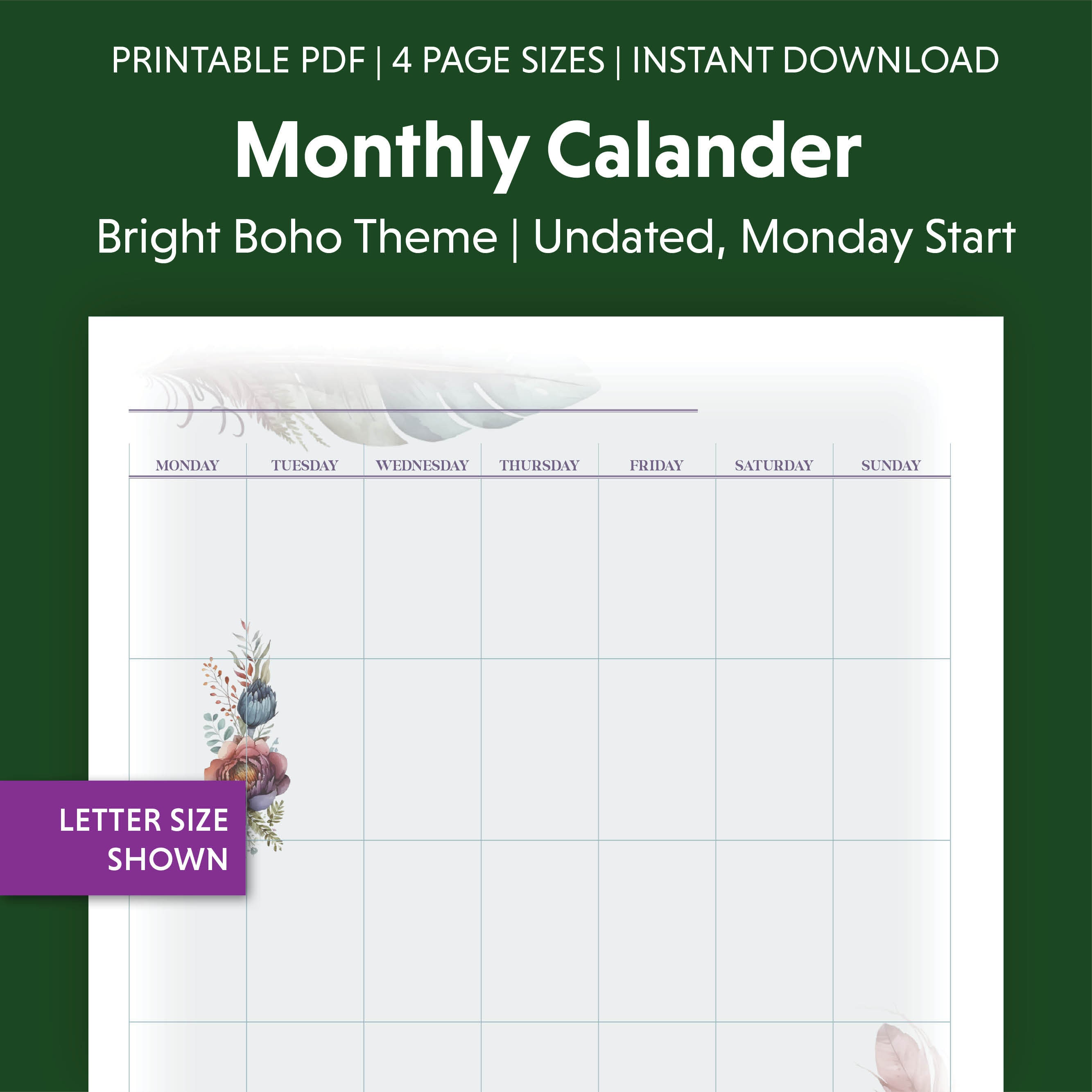 Monthly Calendar Illustrated Planner With Bright Boho Spring Flowers ...