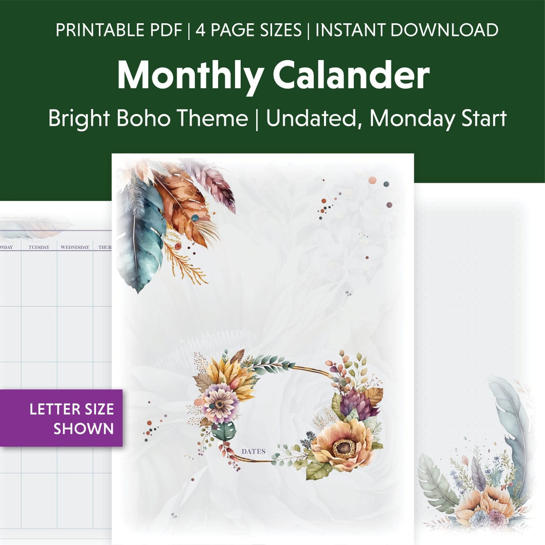 Monthly Calendar Illustrated Planner With Bright Boho Spring Flowers ...