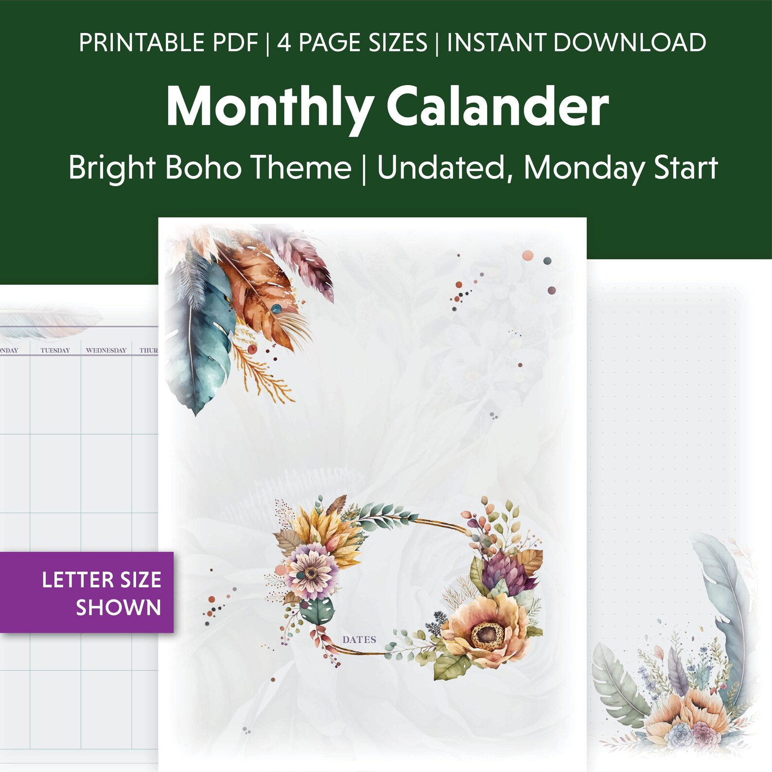 Monthly Calendar Illustrated Planner With Bright Boho Spring Flowers ...