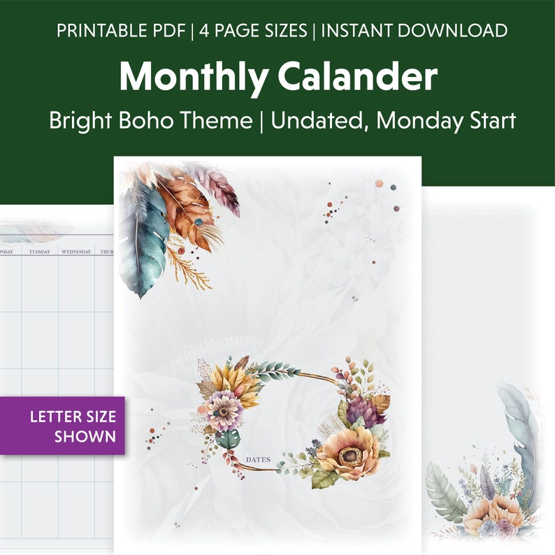 Monthly Calendar Illustrated Planner With Bright Boho Spring Flowers ...