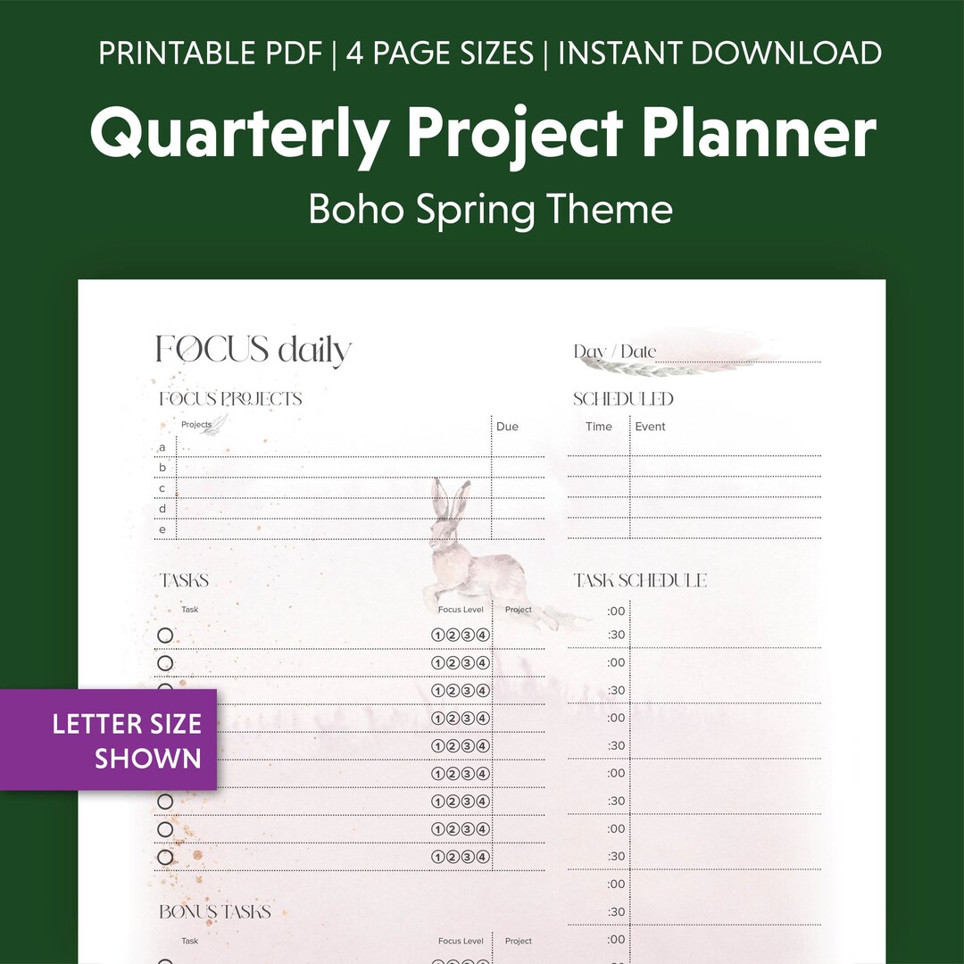 Project Planner Printable, Quarterly Focus Planner With Boho Spring ...