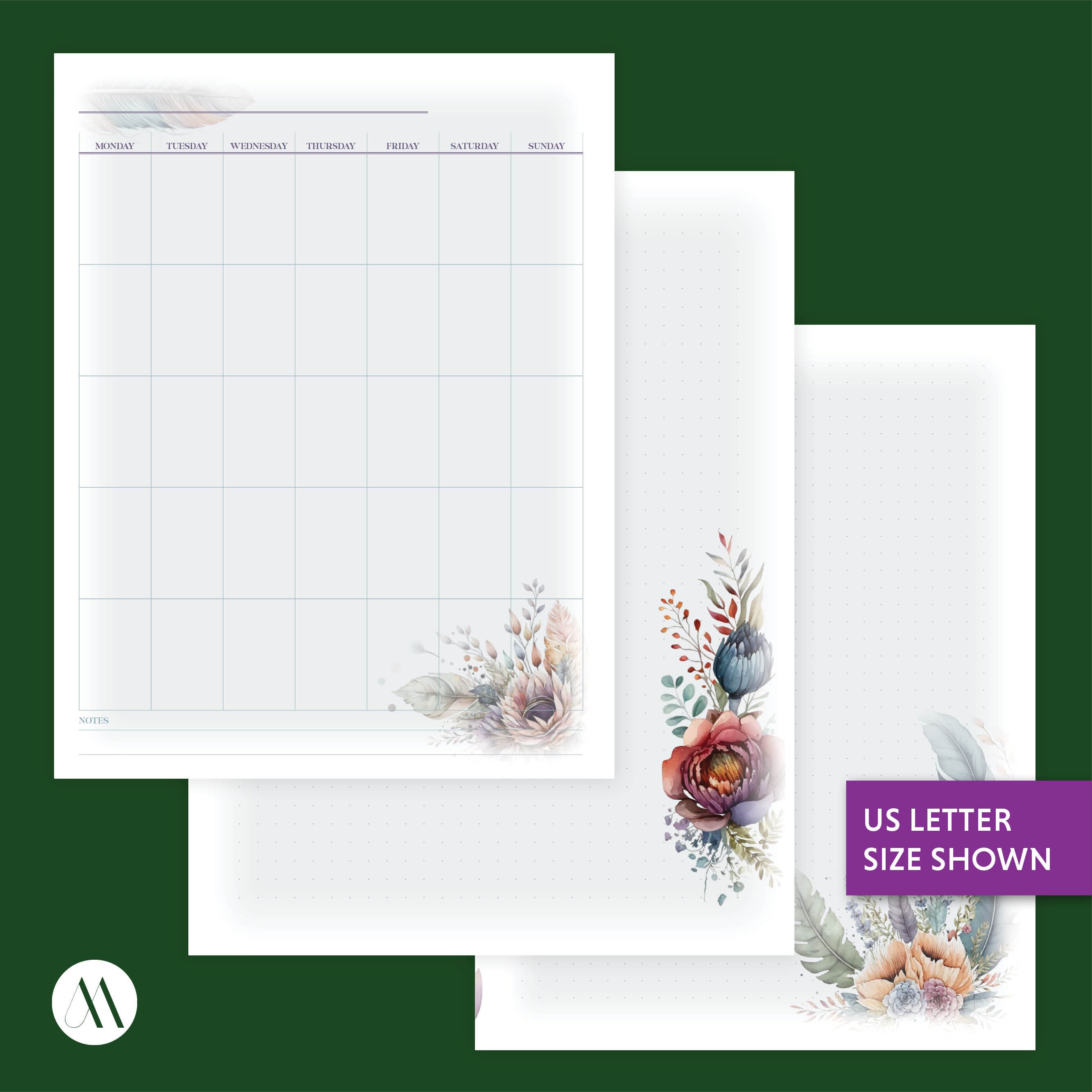 Monthly Calendar Illustrated Planner With Bright Boho Spring Flowers ...