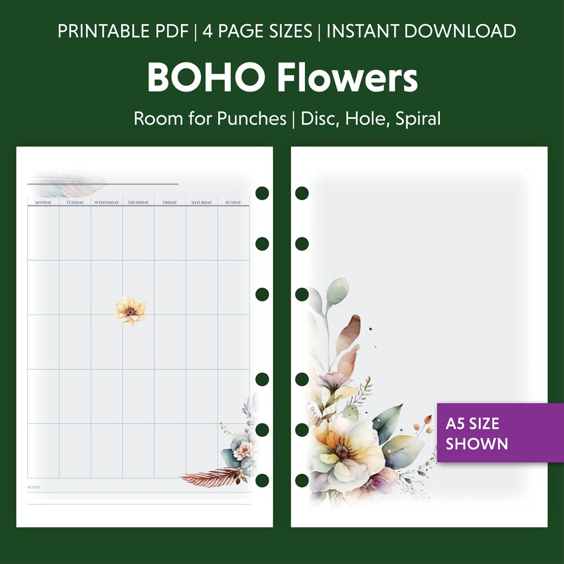 Monthly Calendar Illustrated Planner With Bright Boho Spring Flowers ...