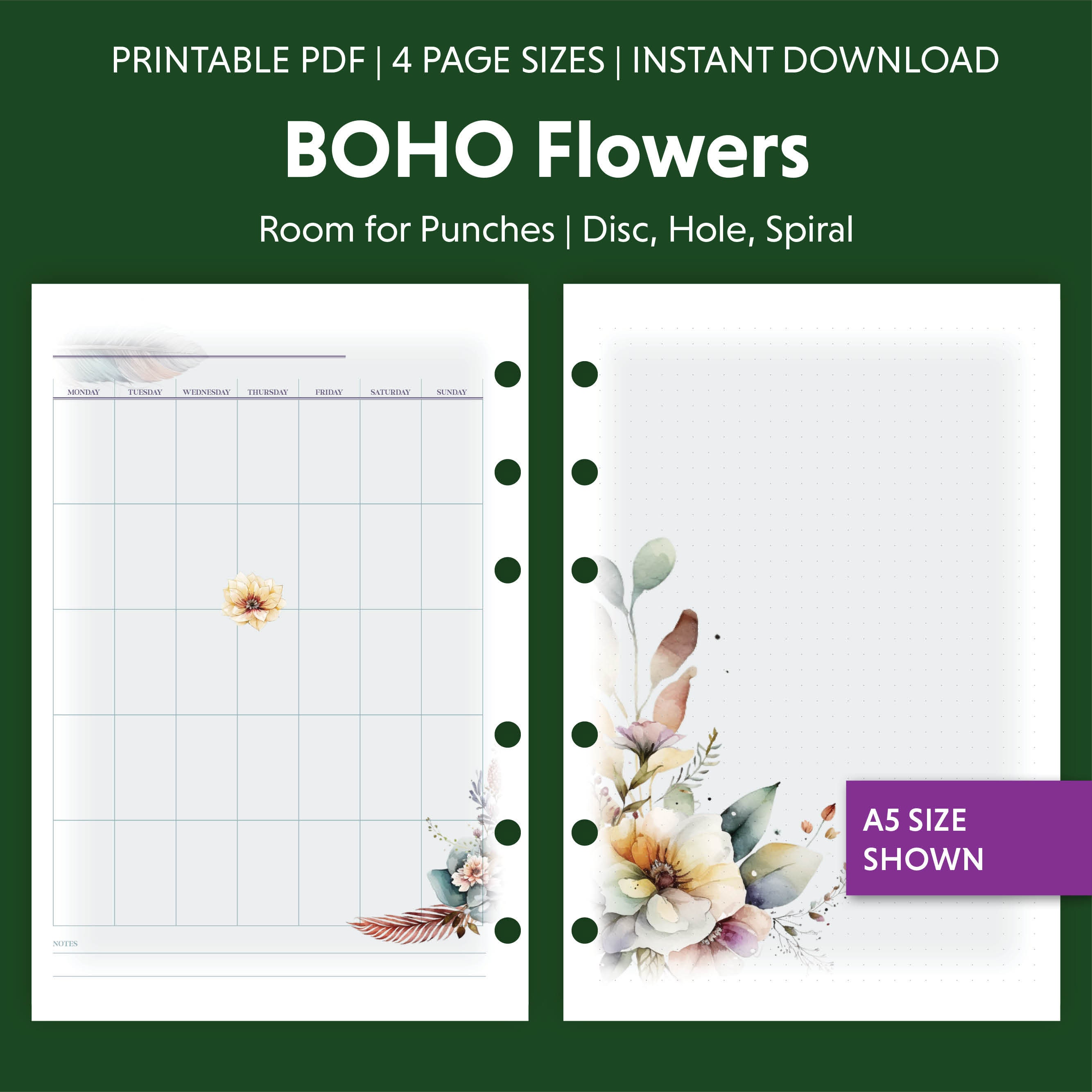 Monthly Calendar Illustrated Planner With Bright Boho Spring Flowers ...