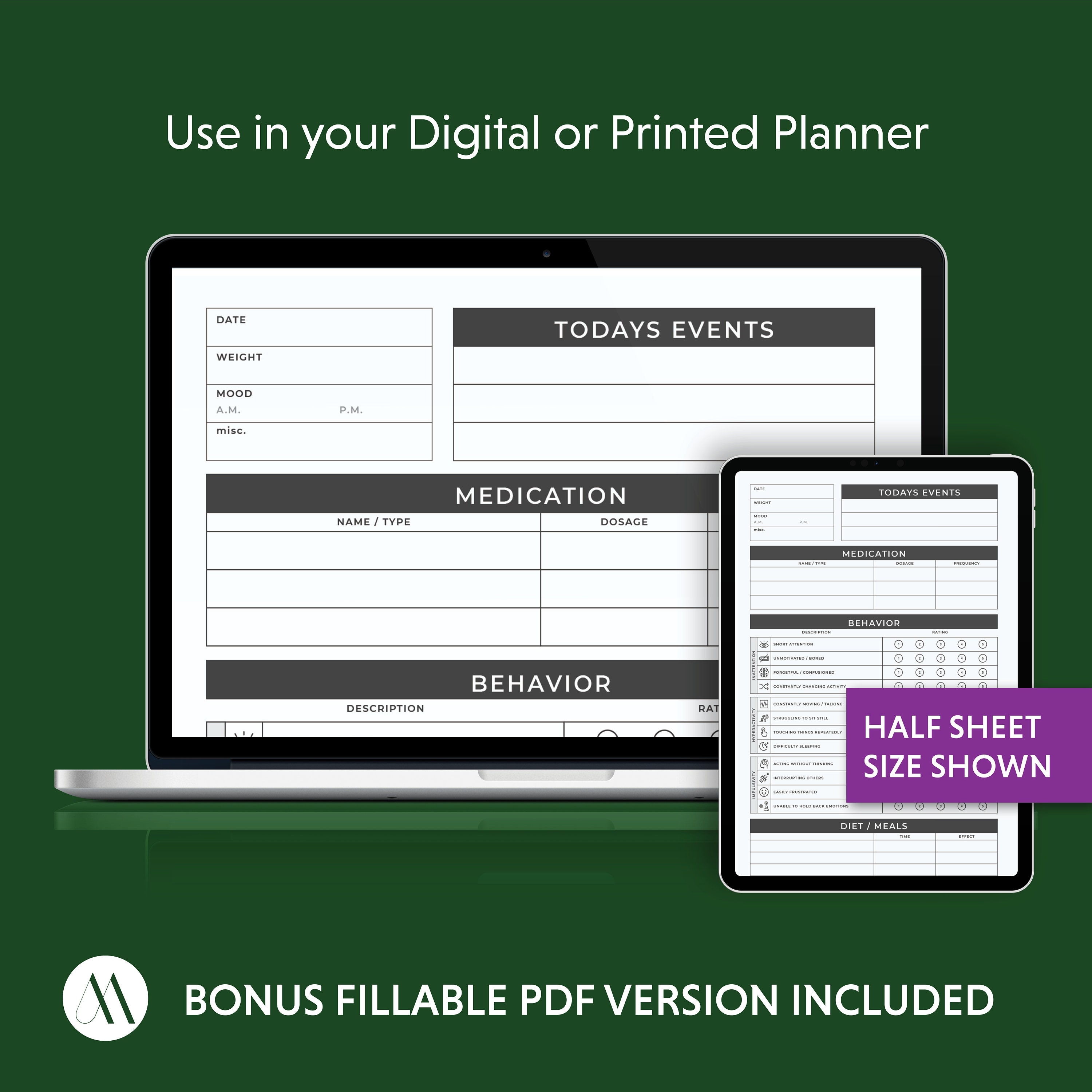 ADHD Medication and Behavior Tracker Plus Journal, Printable Simple ...