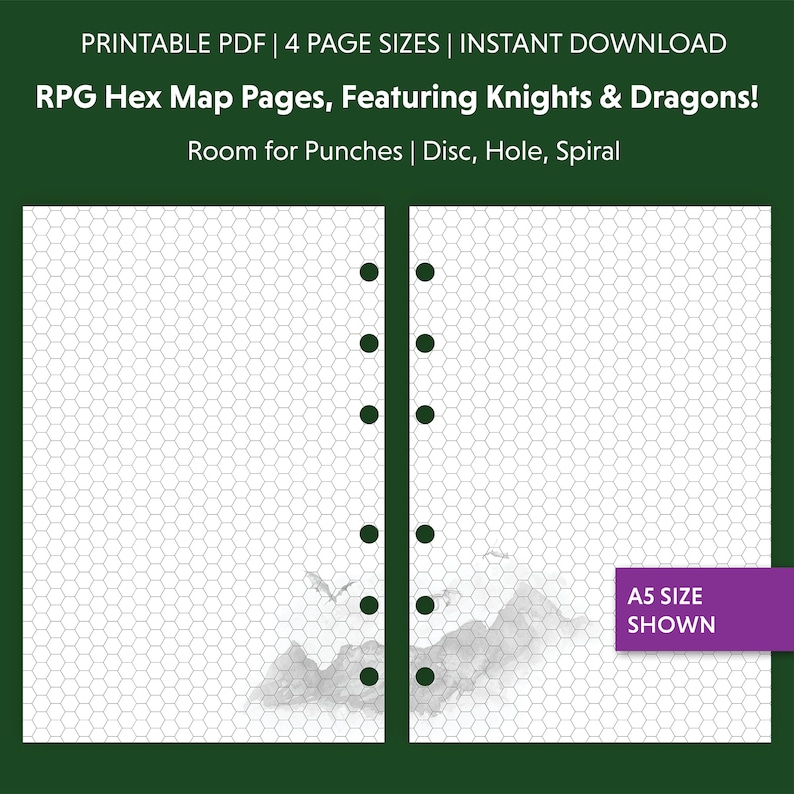 RPG Hex Map Notebook Printable, Dragons and Knights Watercolor Elements ...