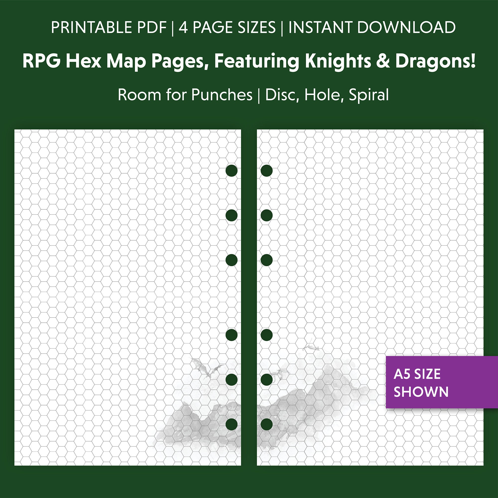 RPG Hex Map Notebook Printable, Dragons and Knights Watercolor Elements ...