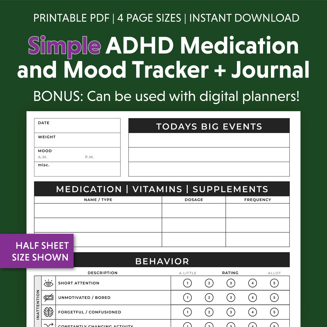 ADHD Medication and Behavior Tracker Plus Journal, Printable Simple ...