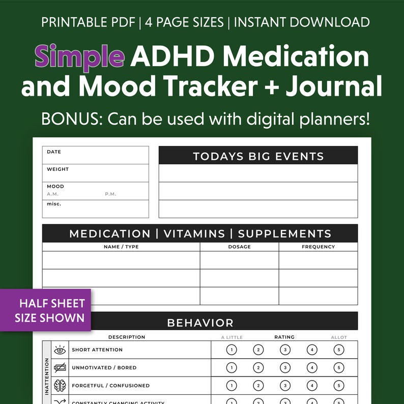 ADHD Medication and Behavior Tracker Plus Journal, Printable Simple ...