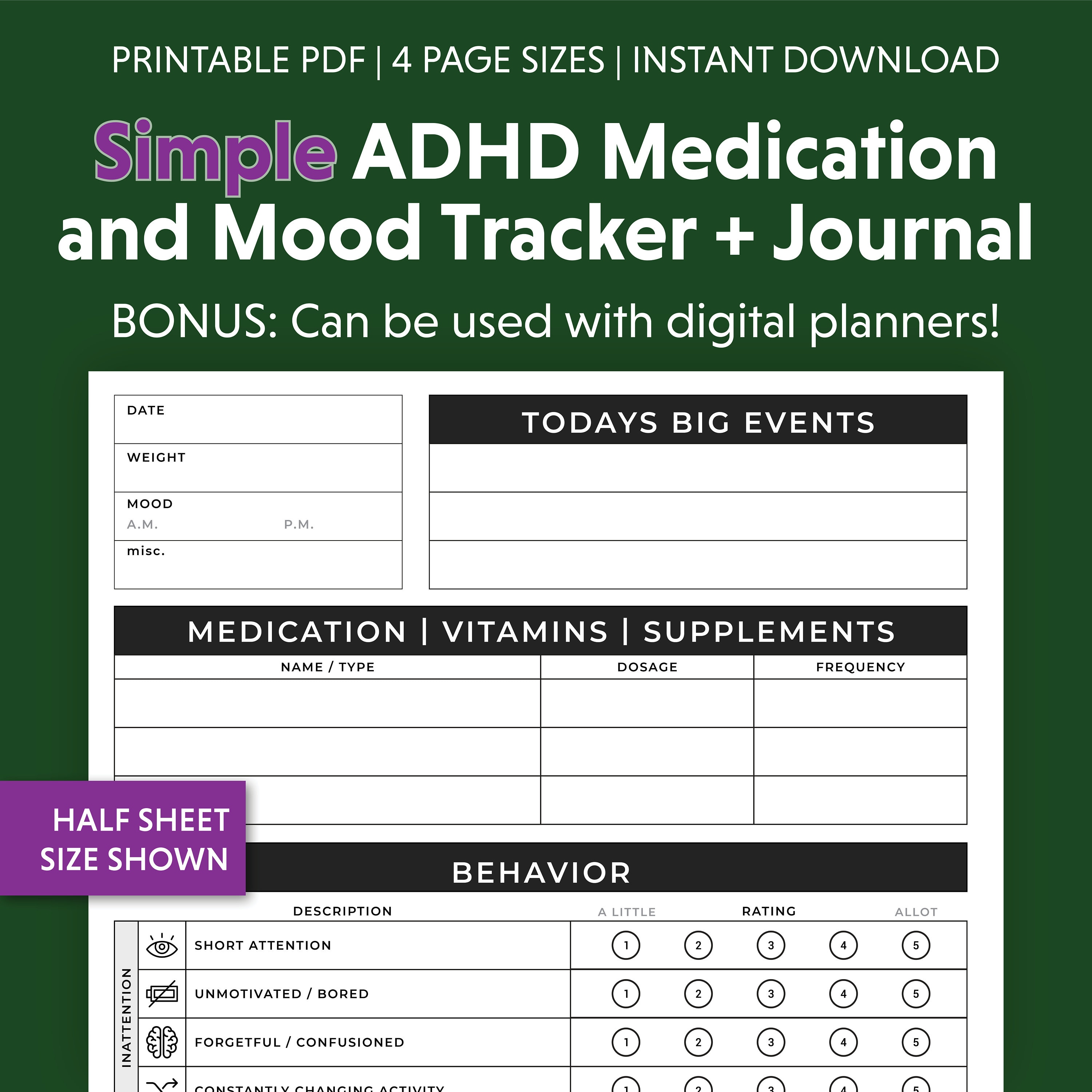 ADHD Medication and Behavior Tracker Plus Journal, Printable Simple ...