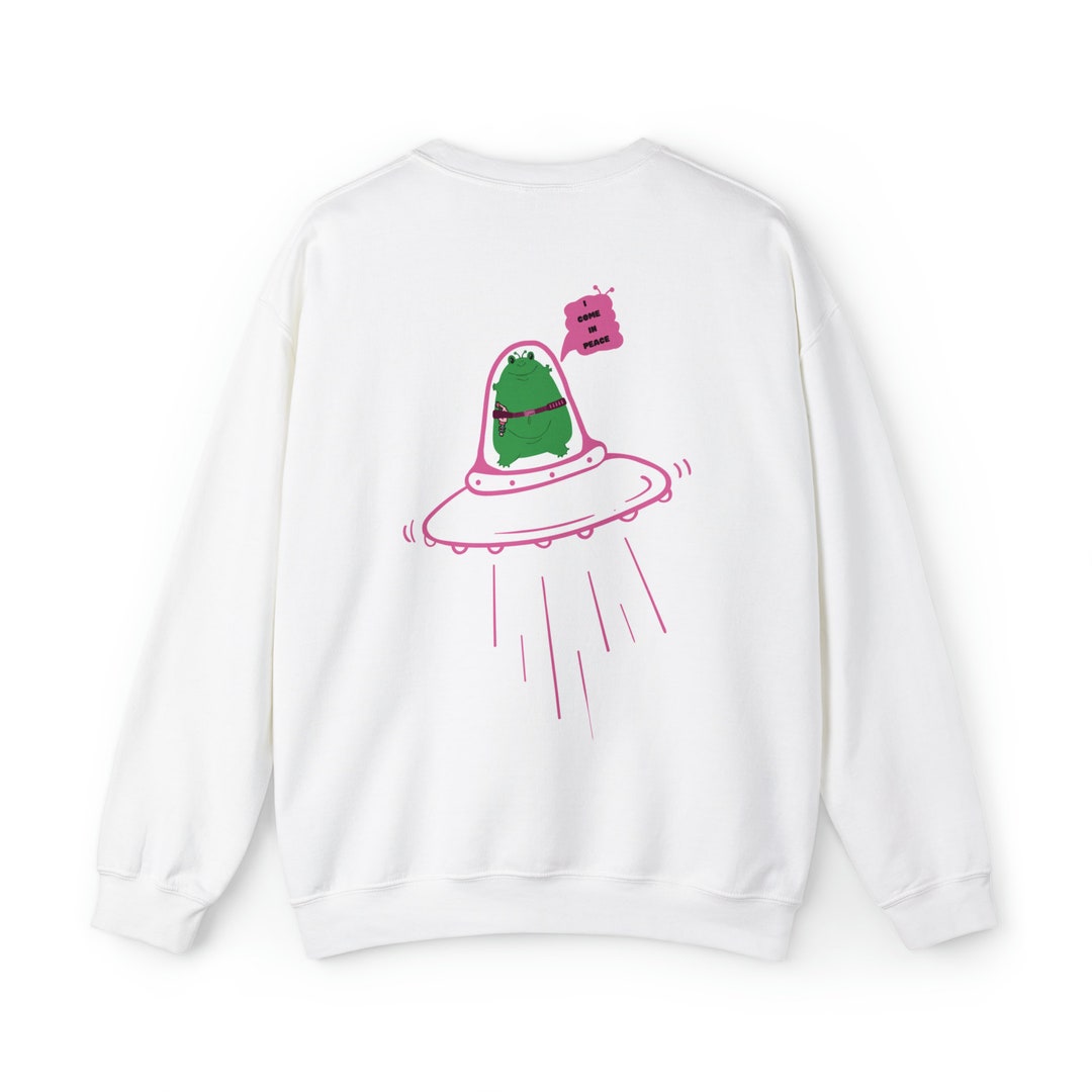 Adorable and Funny Alien Frog White Crewneck Sweatshirt I Come in Peace ...