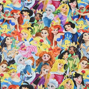 Disney Princess Fabric Snow White Aurora Cinderella Ariel Jasmine Alice ...