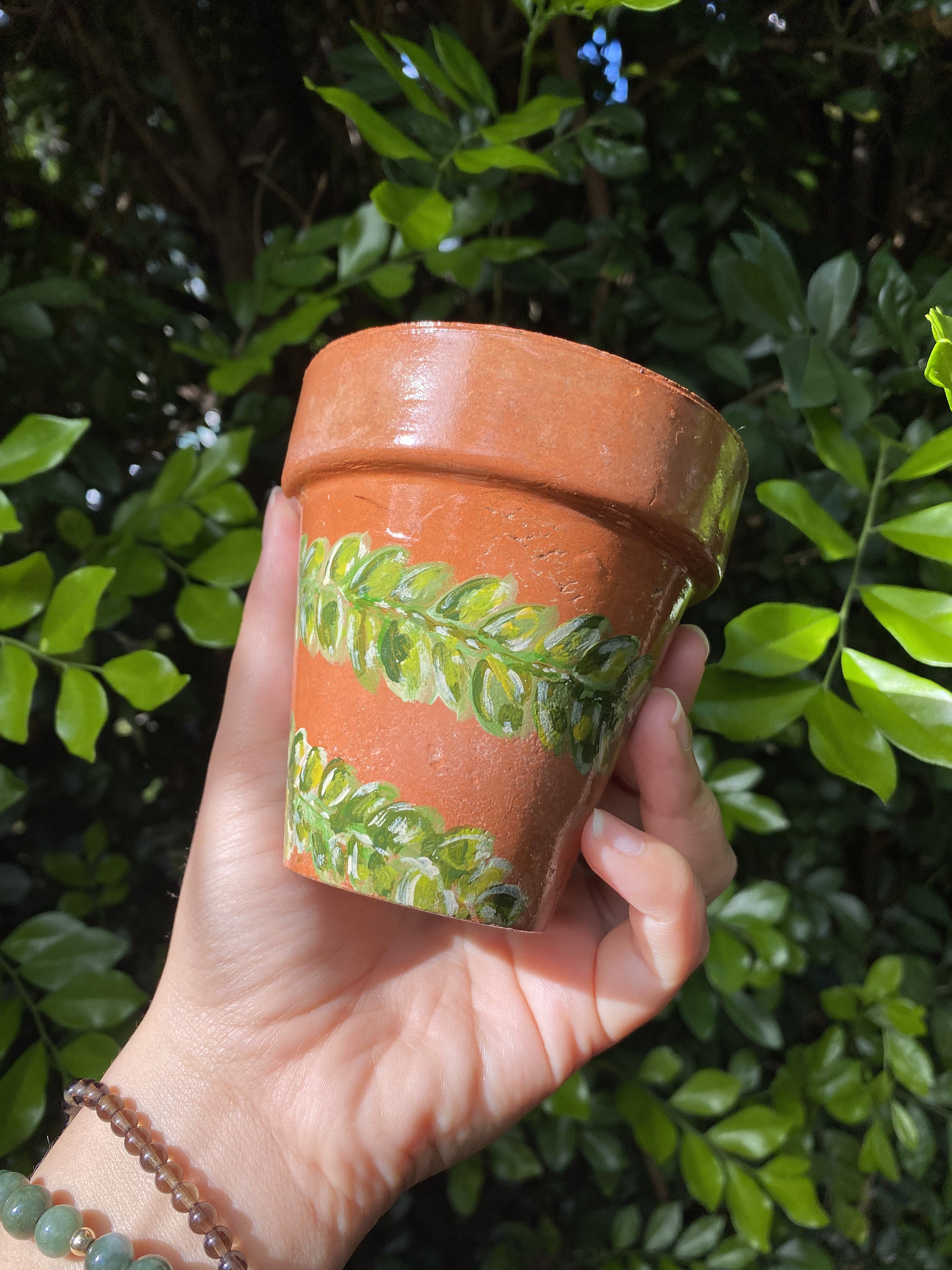 Light Green Vine Wrap Around Pot Design Hand Painted on a Vintage Terra ...