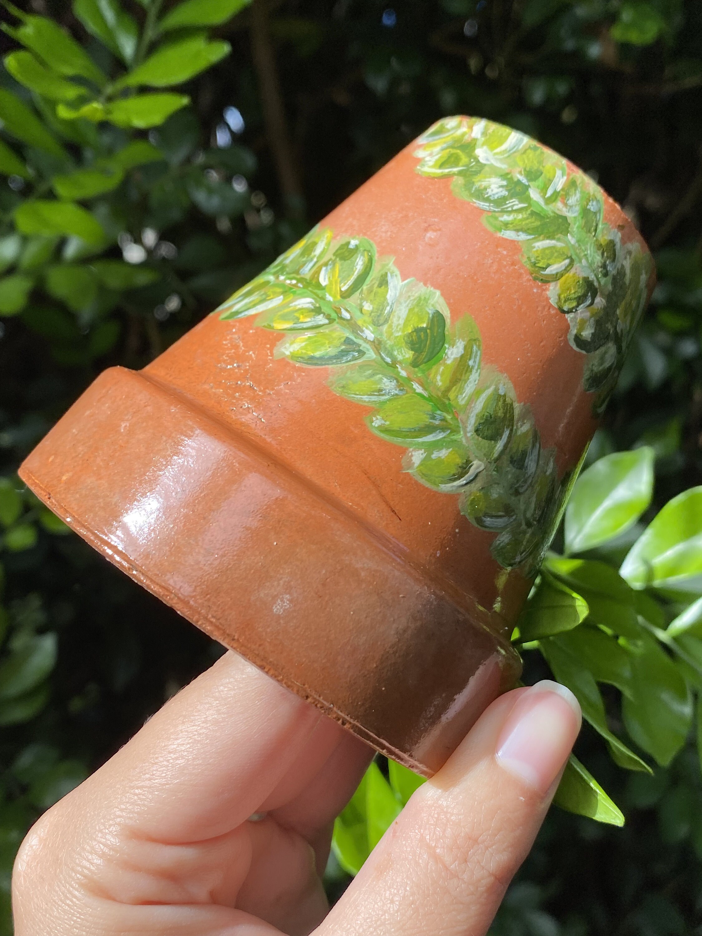 Light Green Vine Wrap Around Pot Design Hand Painted on a Vintage Terra ...