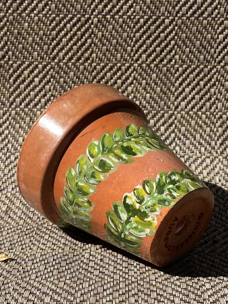 Light Green Vine Wrap Around Pot Design Hand Painted on a Vintage Terra ...