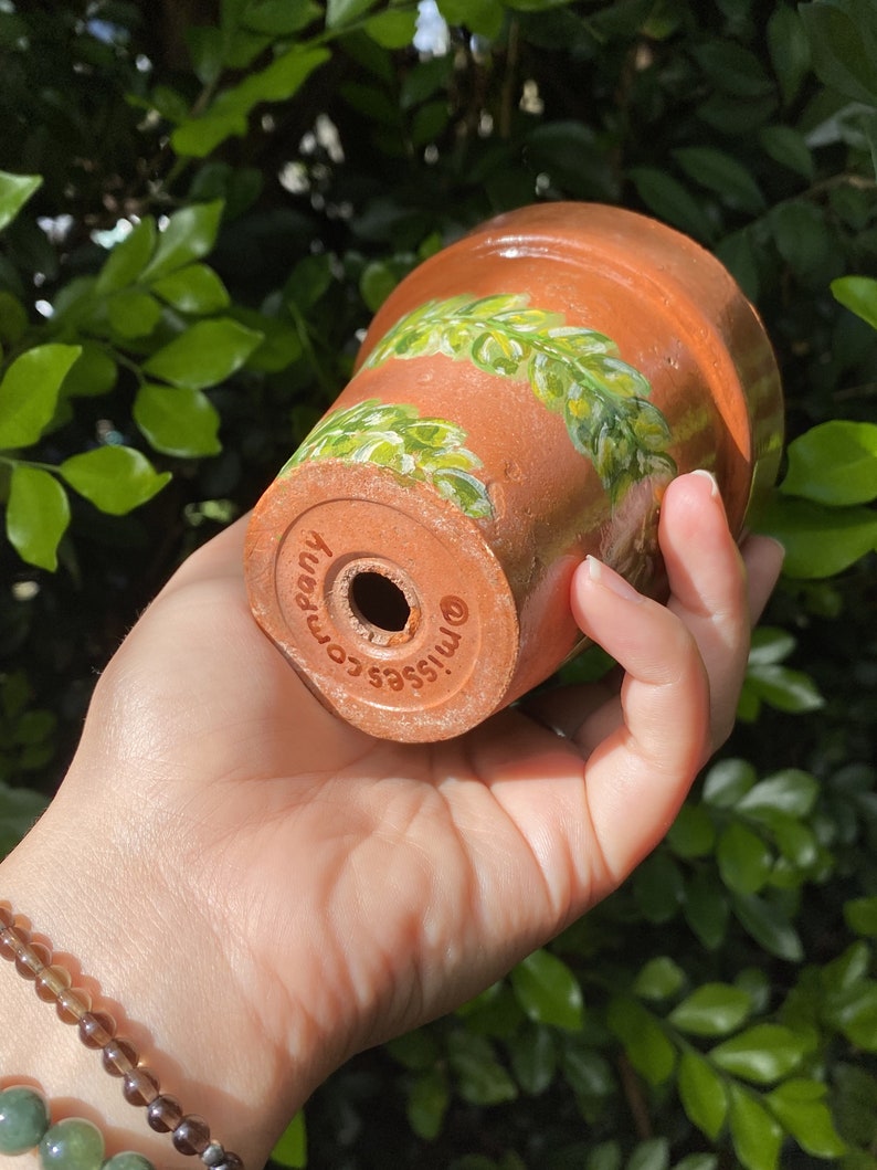 Light Green Vine Wrap Around Pot Design Hand Painted on a Vintage Terra ...