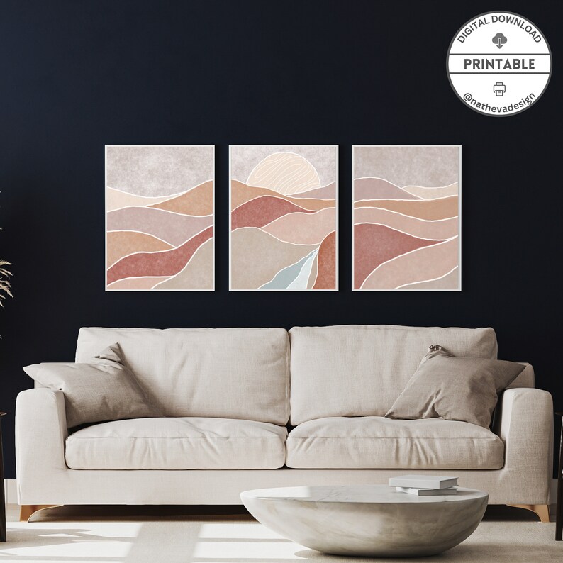 Triptych Abstract Mountain Boho Style Landscape Wall Art Set - Etsy