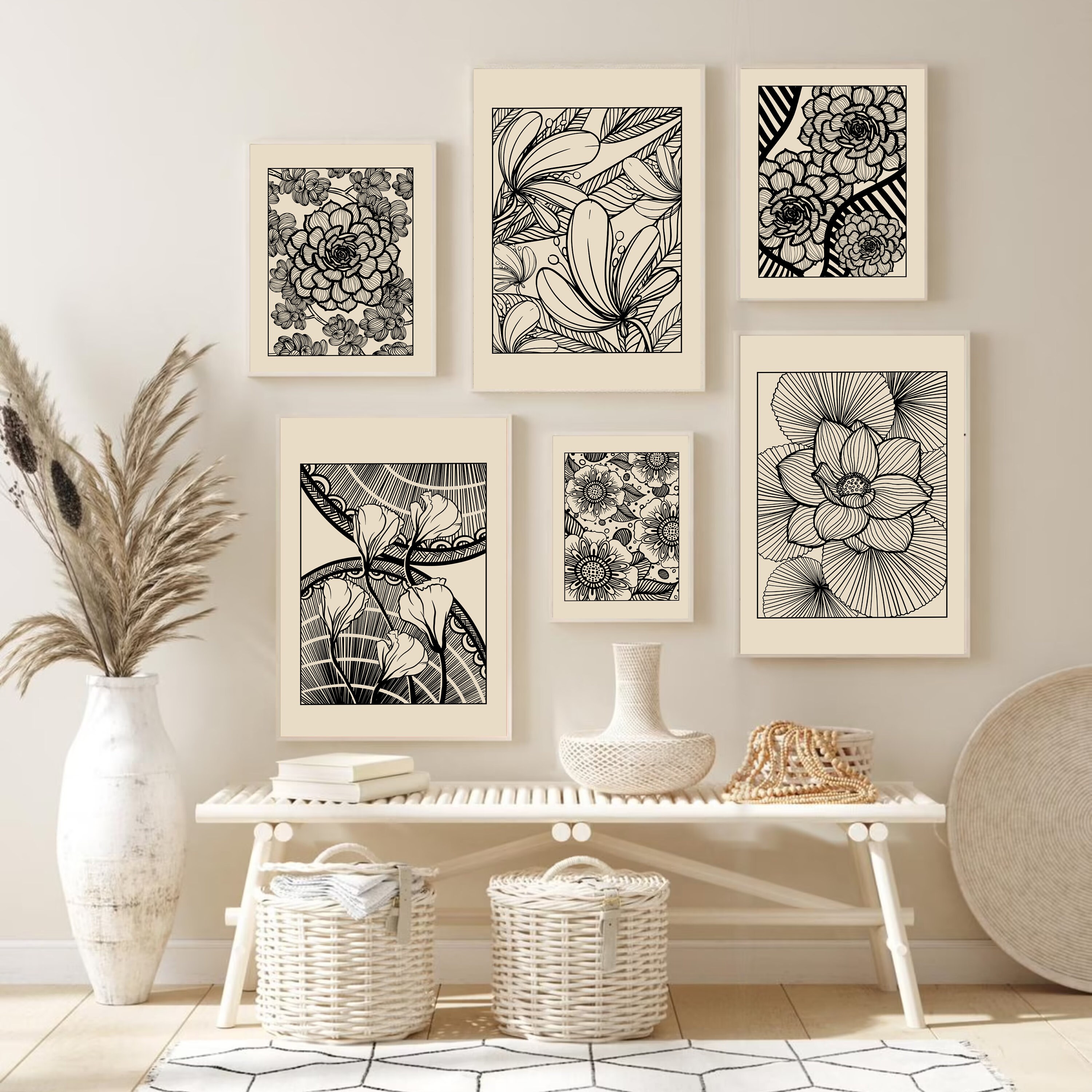 Abstract Botanical Flowers Posters Set of 6 Black Beige - Etsy