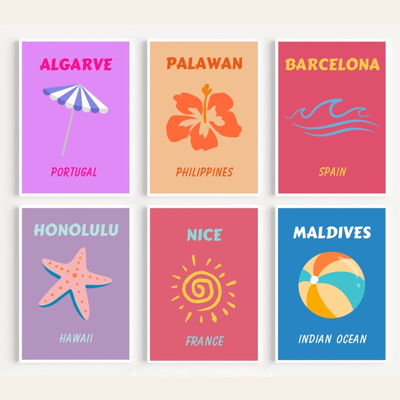 Travel Poster Set of 16 Preppy Room Decor Travel Collage Set Maximalist ...