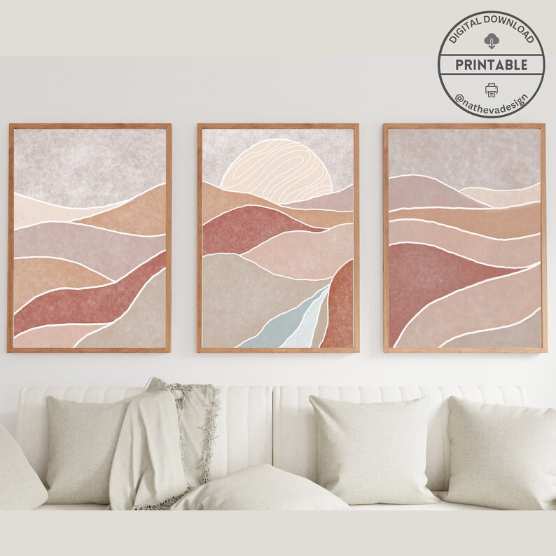 Triptych Abstract Mountain Boho Style Landscape Wall Art Set - Etsy
