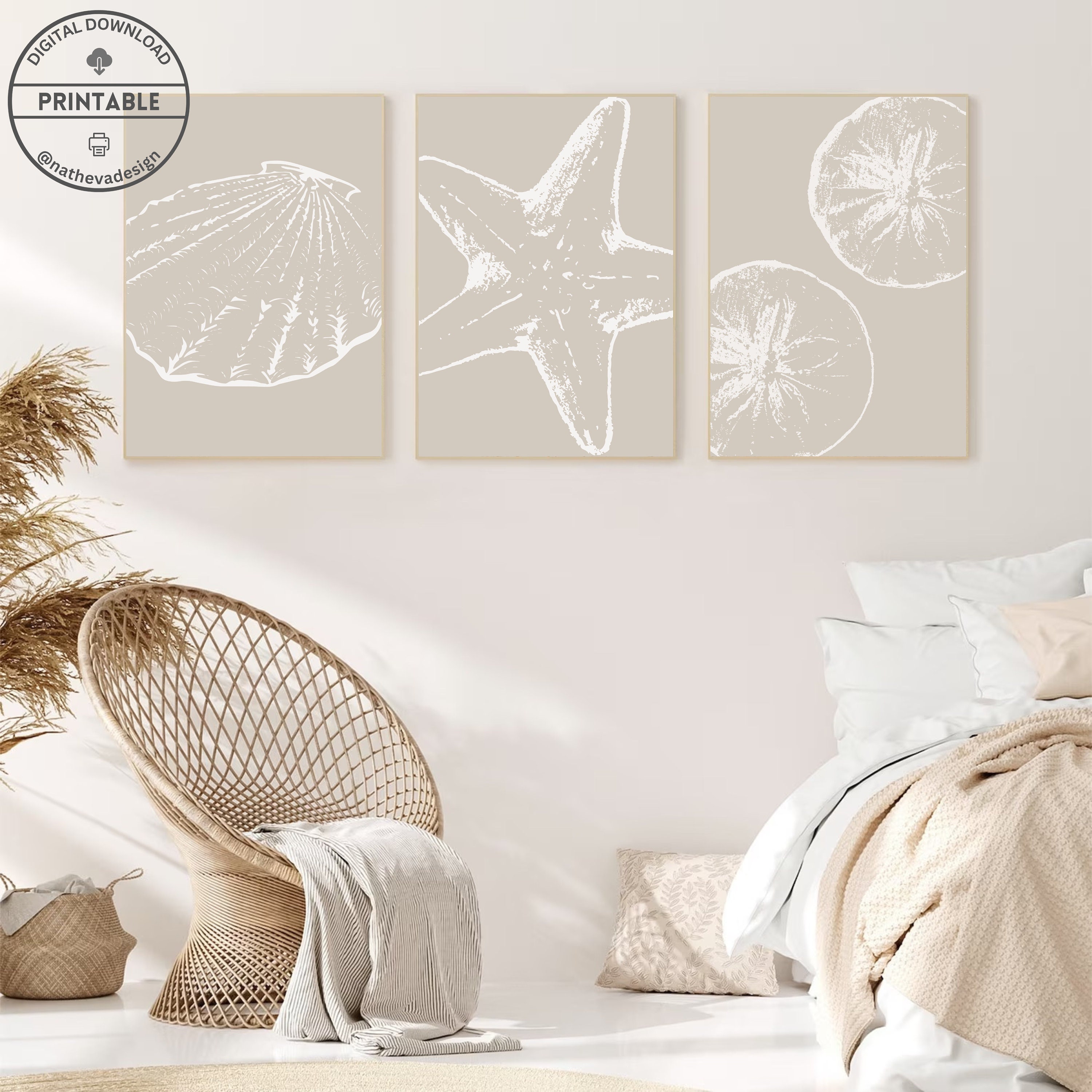 Boho Beach Wall Art Set of 9 Prints Coastal Wall Decor Sea Shell Art ...