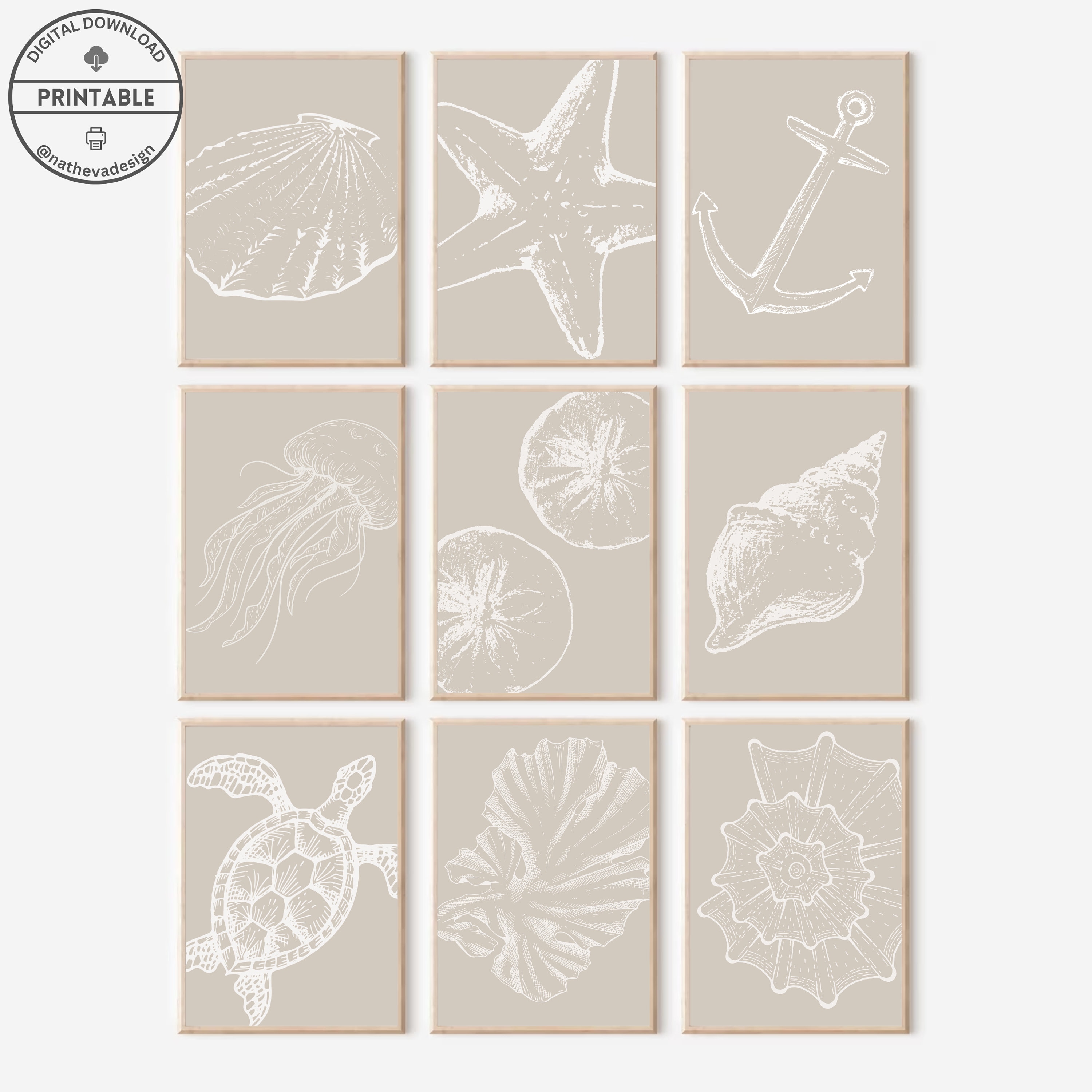 Boho Beach Wall Art Set of 9 Prints Coastal Wall Decor Sea Shell Art ...