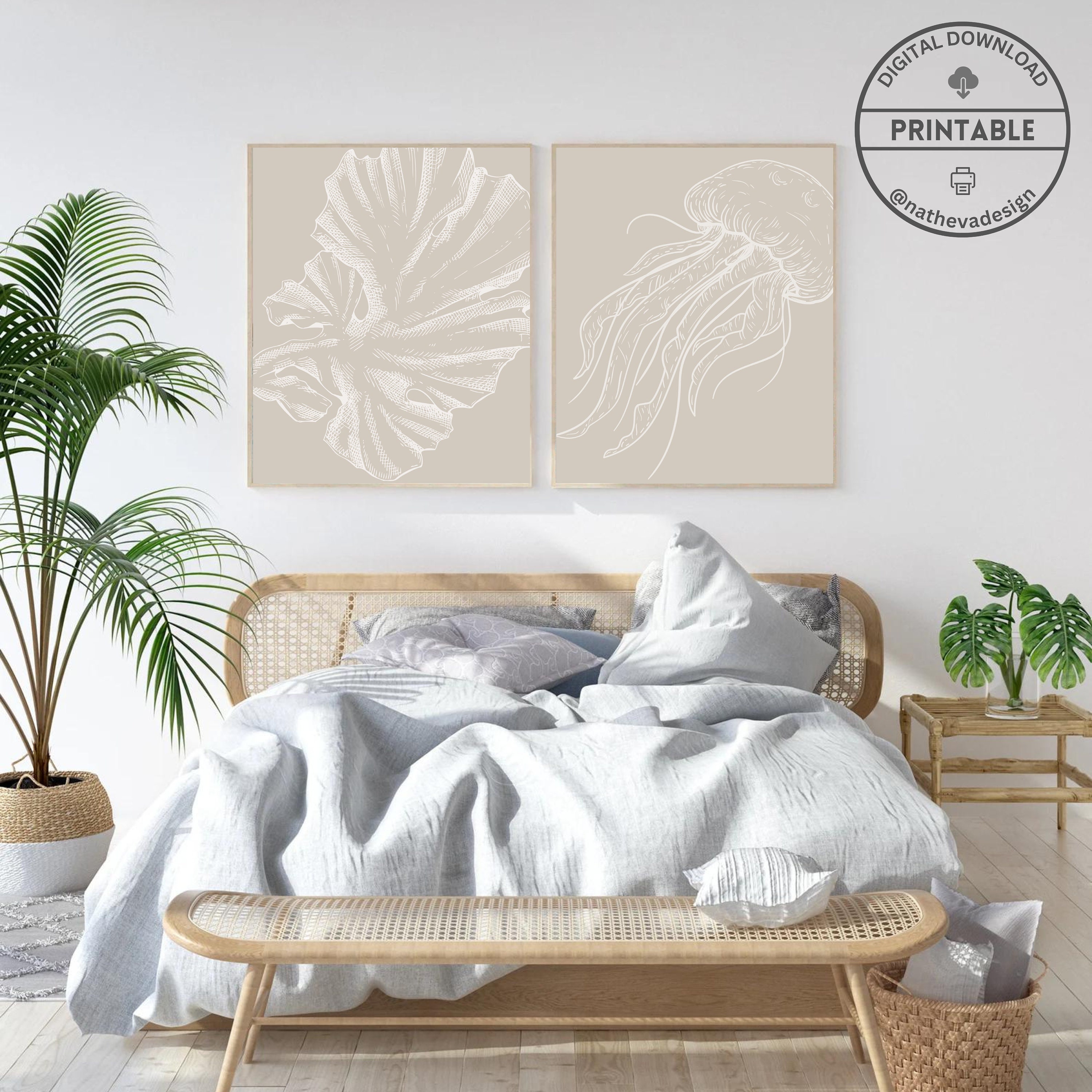 Boho Beach Wall Art Set of 9 Prints Coastal Wall Decor Sea Shell Art ...