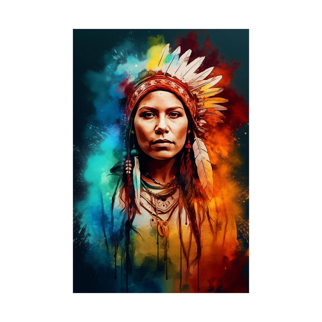 Colorful Native American Indian Woman Illustration on Premium Matte ...