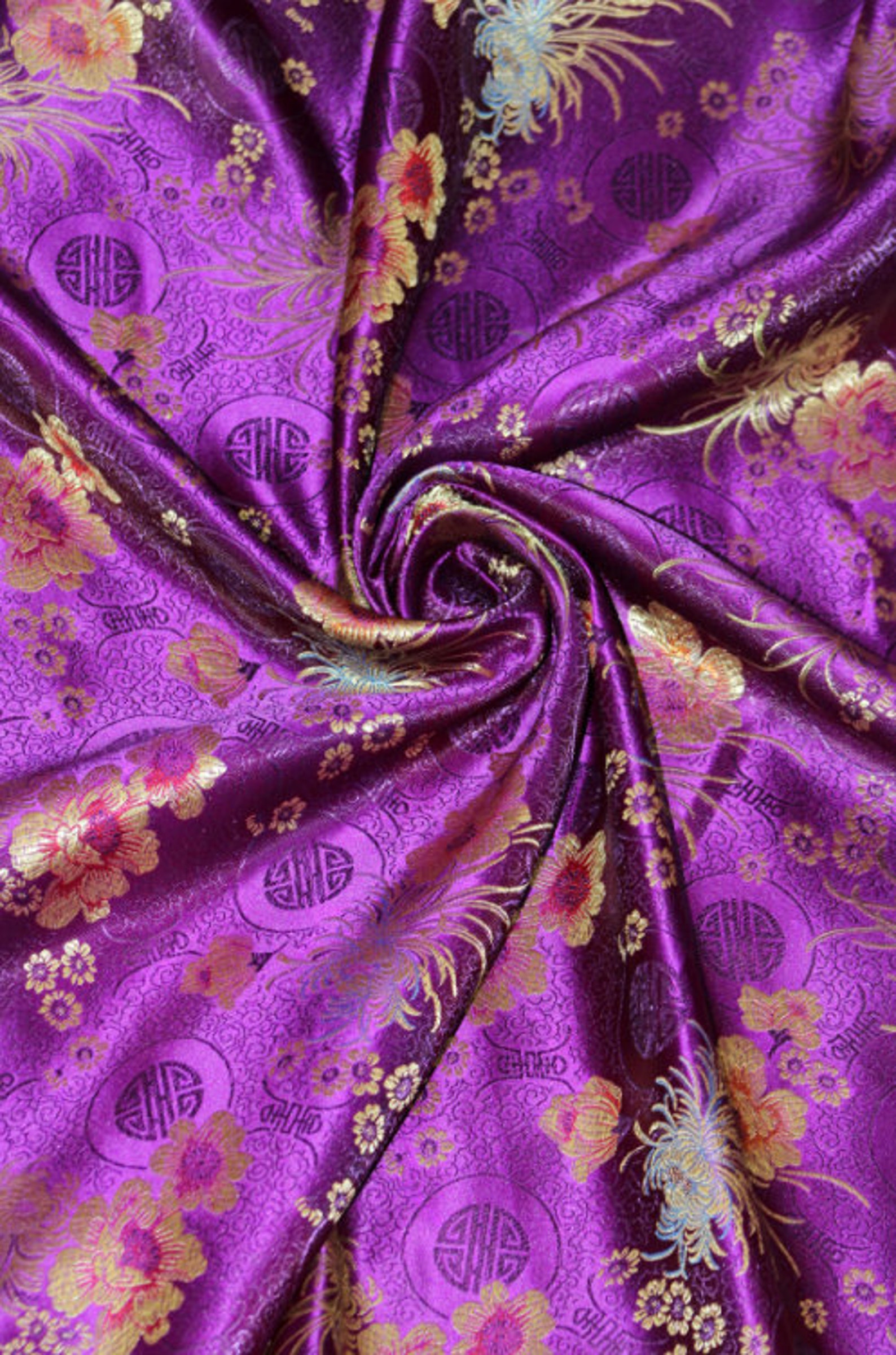 Chinese Floral Satin Purple Brocade Fabric 45 Width Fabric Sold by the ...