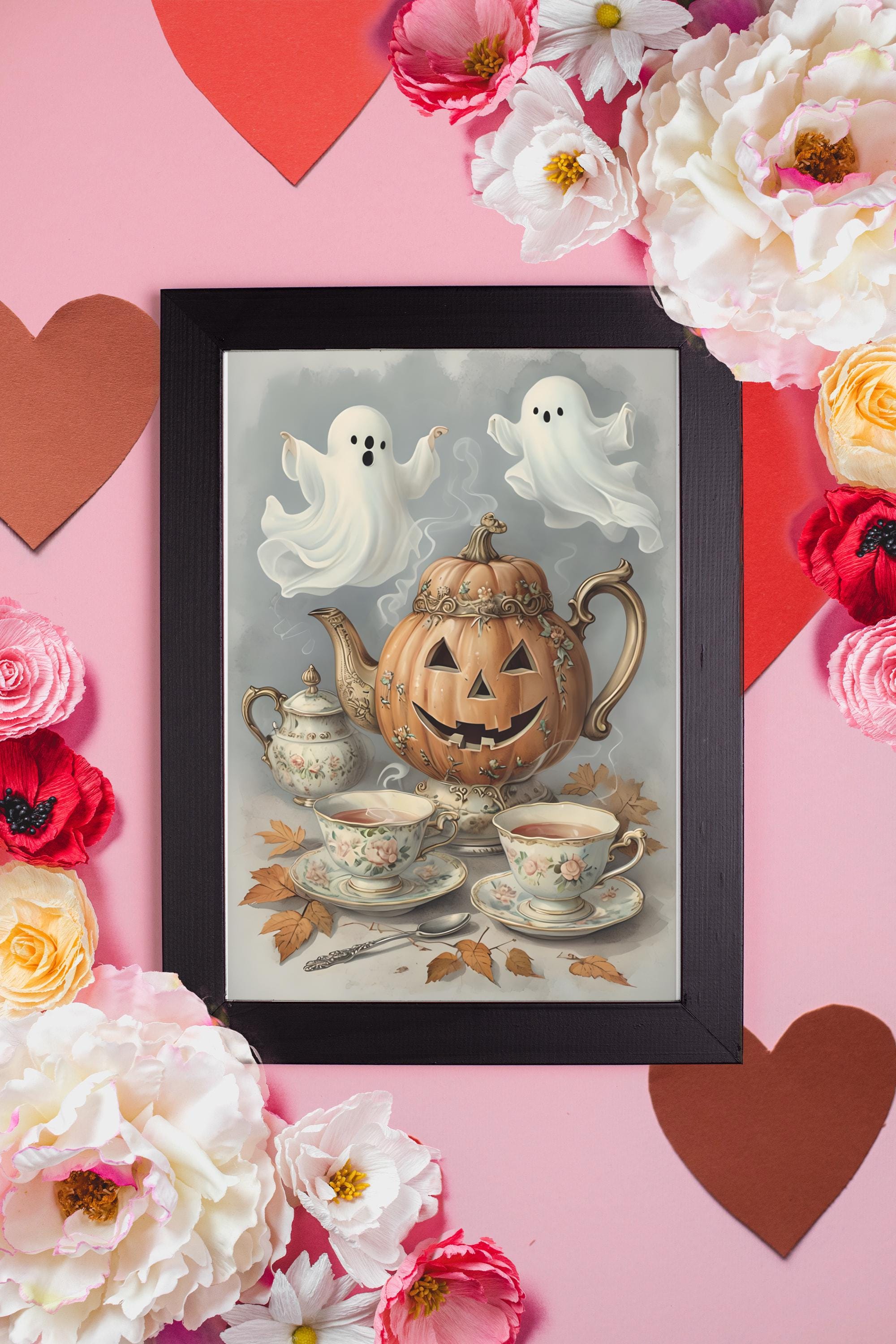 Vintage Halloween PNG – Pumpkin Teapot, Ghosts & Tea Set (instant ...