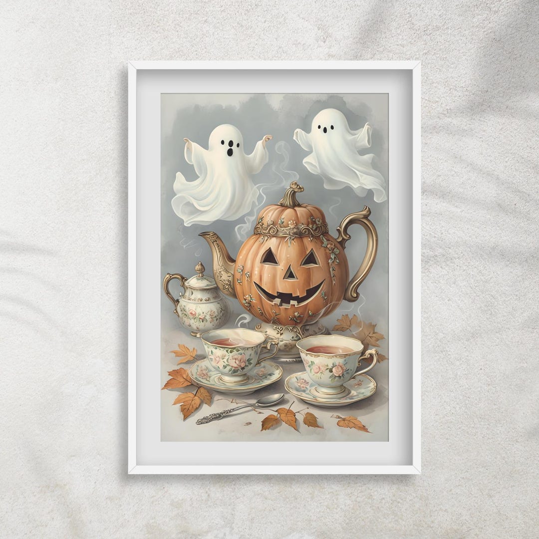 Vintage Halloween PNG – Pumpkin Teapot, Ghosts & Tea Set (instant ...