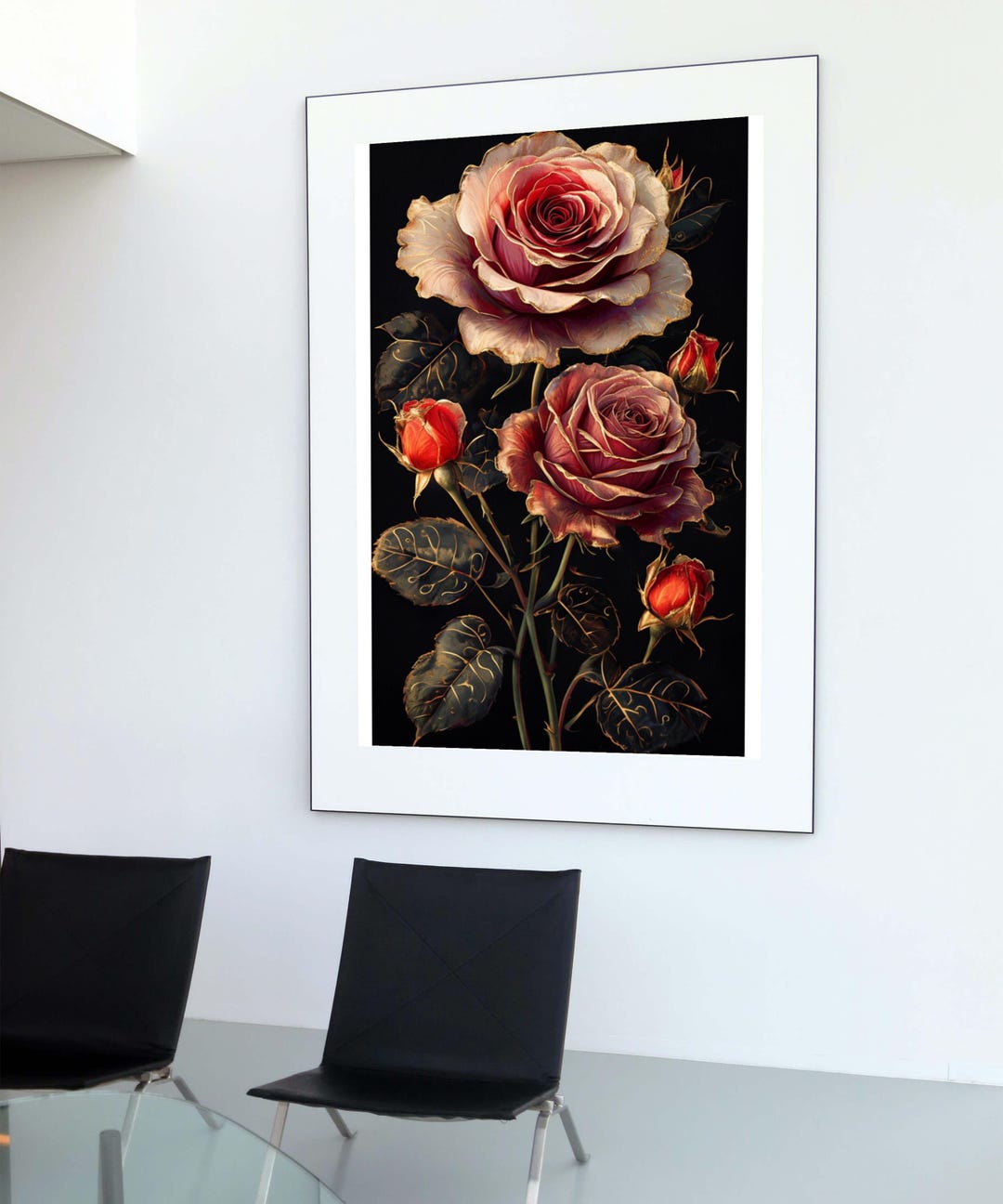 Vintage Rose Floral Print - Red and Gold Botanical Art (digital ...