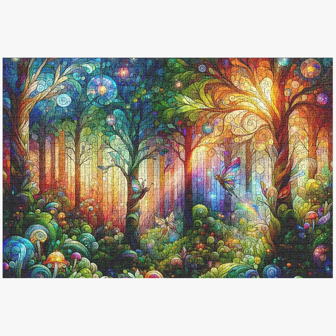 Stained Glass Magical Forest Vibrant Colors - Jigsaw Puzzle 1000 Pieces ...