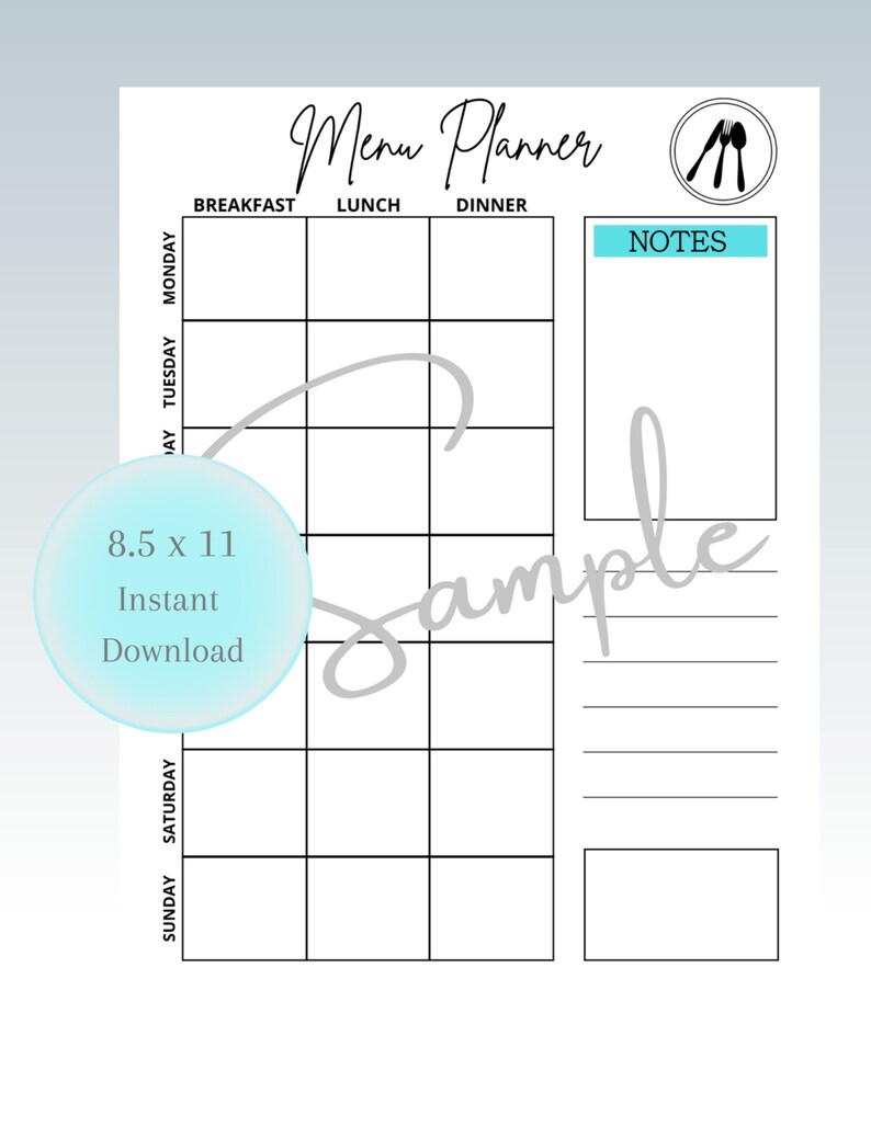Printable Menu Planner, Menu Planner With Notes, Fillable Menu Planner ...