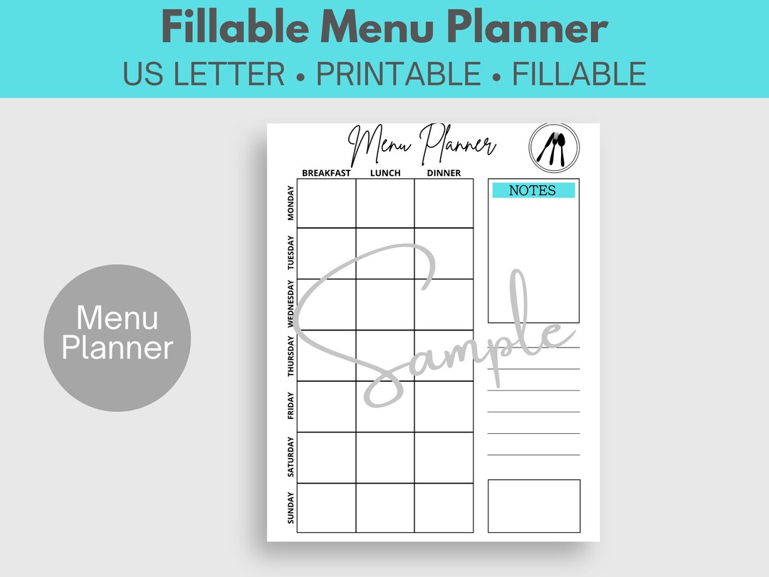 Printable Menu Planner, Menu Planner With Notes, Fillable Menu Planner ...