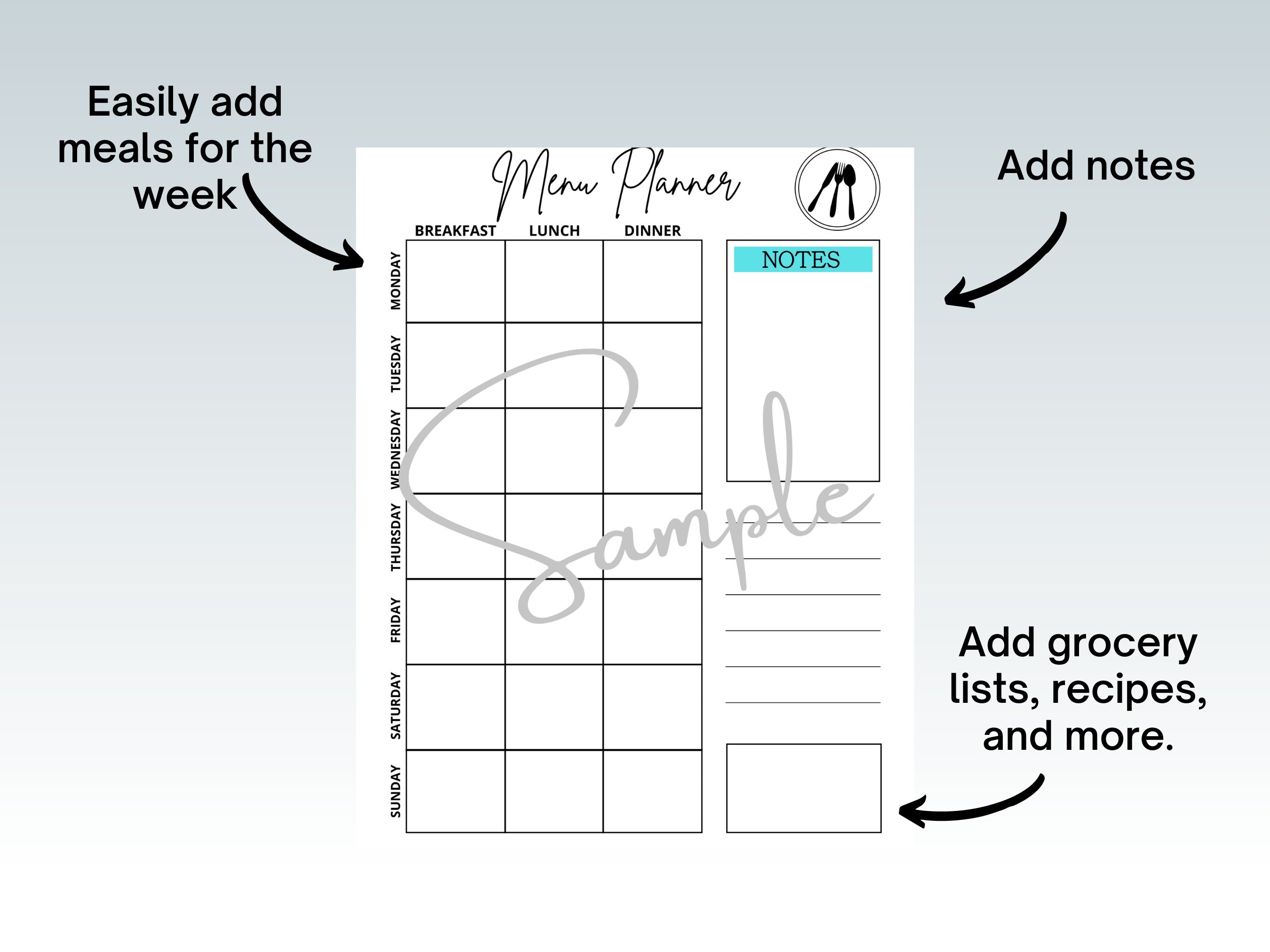 Printable Menu Planner, Menu Planner With Notes, Fillable Menu Planner ...