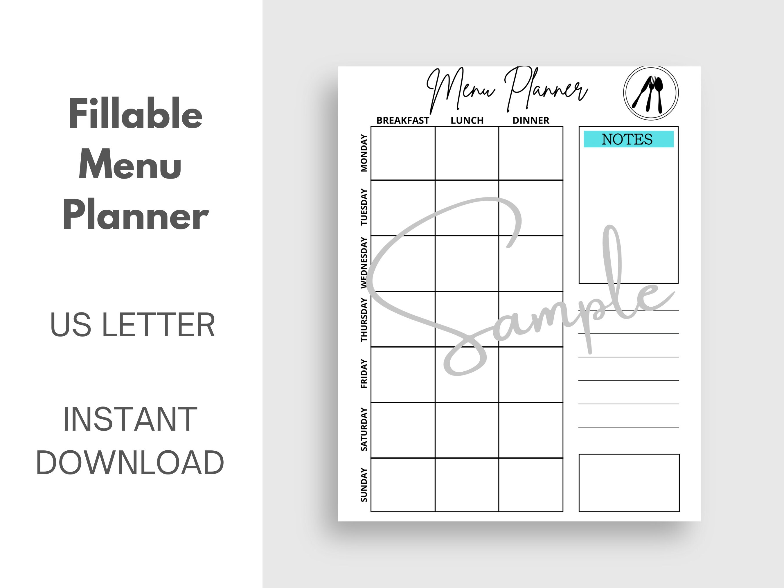 Printable Menu Planner, Menu Planner With Notes, Fillable Menu Planner ...