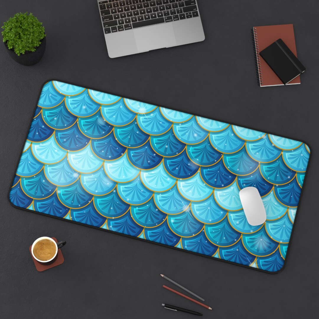 Mermaid Scale Desk Mat in Blue Iridescent Tones XXL Mousepad Office ...