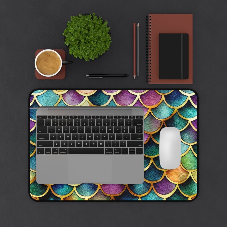 Mermaid Scale Desk Mat in Jewel Tones and Gold XXL Mousepad Home Office ...