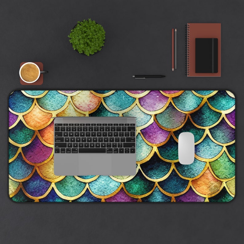 Mermaid Scale Desk Mat in Jewel Tones and Gold XXL Mousepad Home Office ...