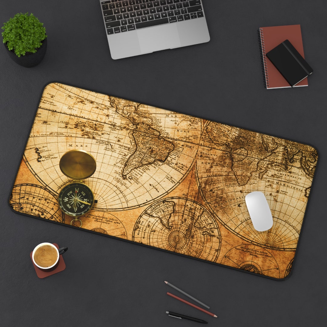 Compass and World Map Desk Mat Navigation Mouse Pad Cartography Office ...