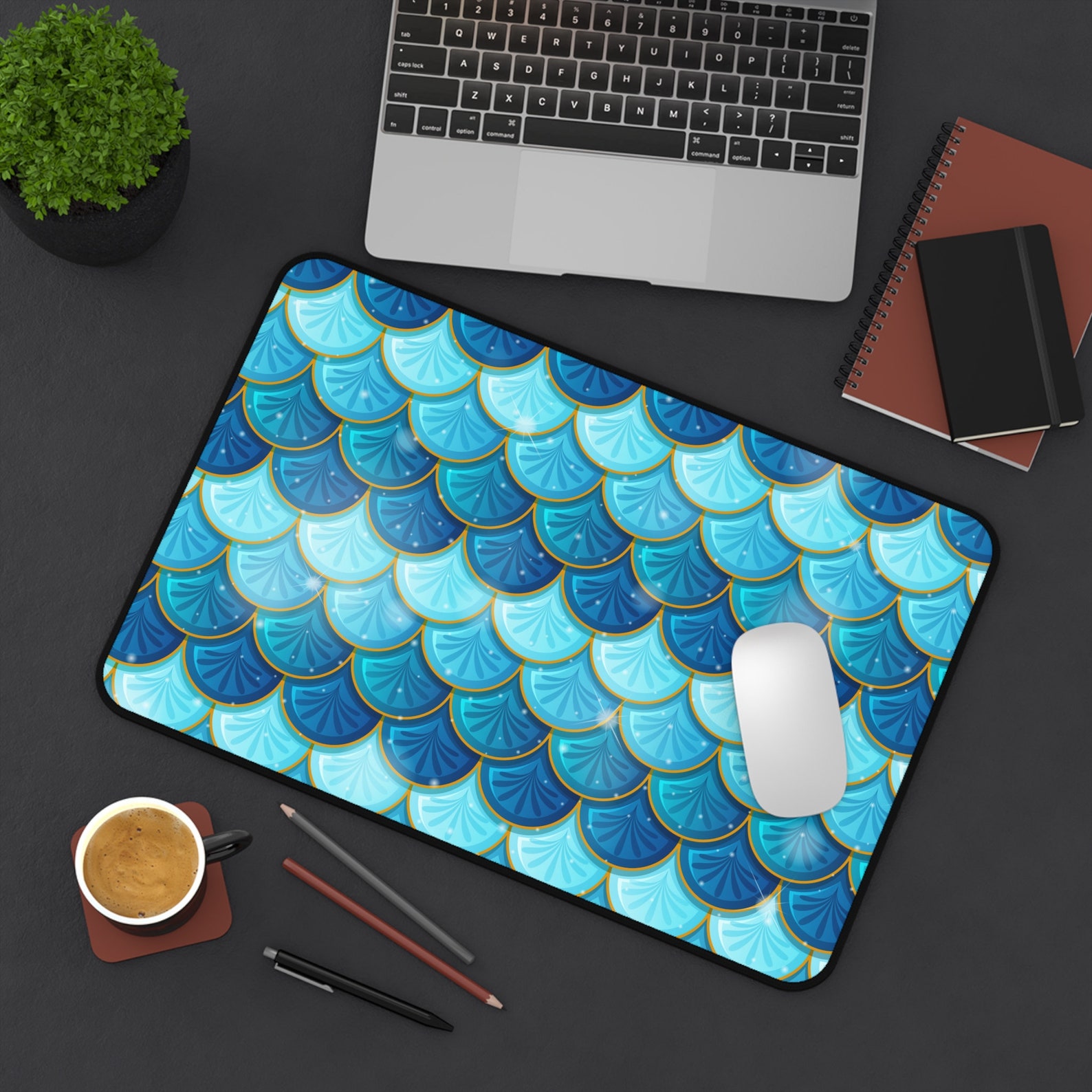 Mermaid Scale Desk Mat in Blue Iridescent Tones XXL Mousepad Office ...