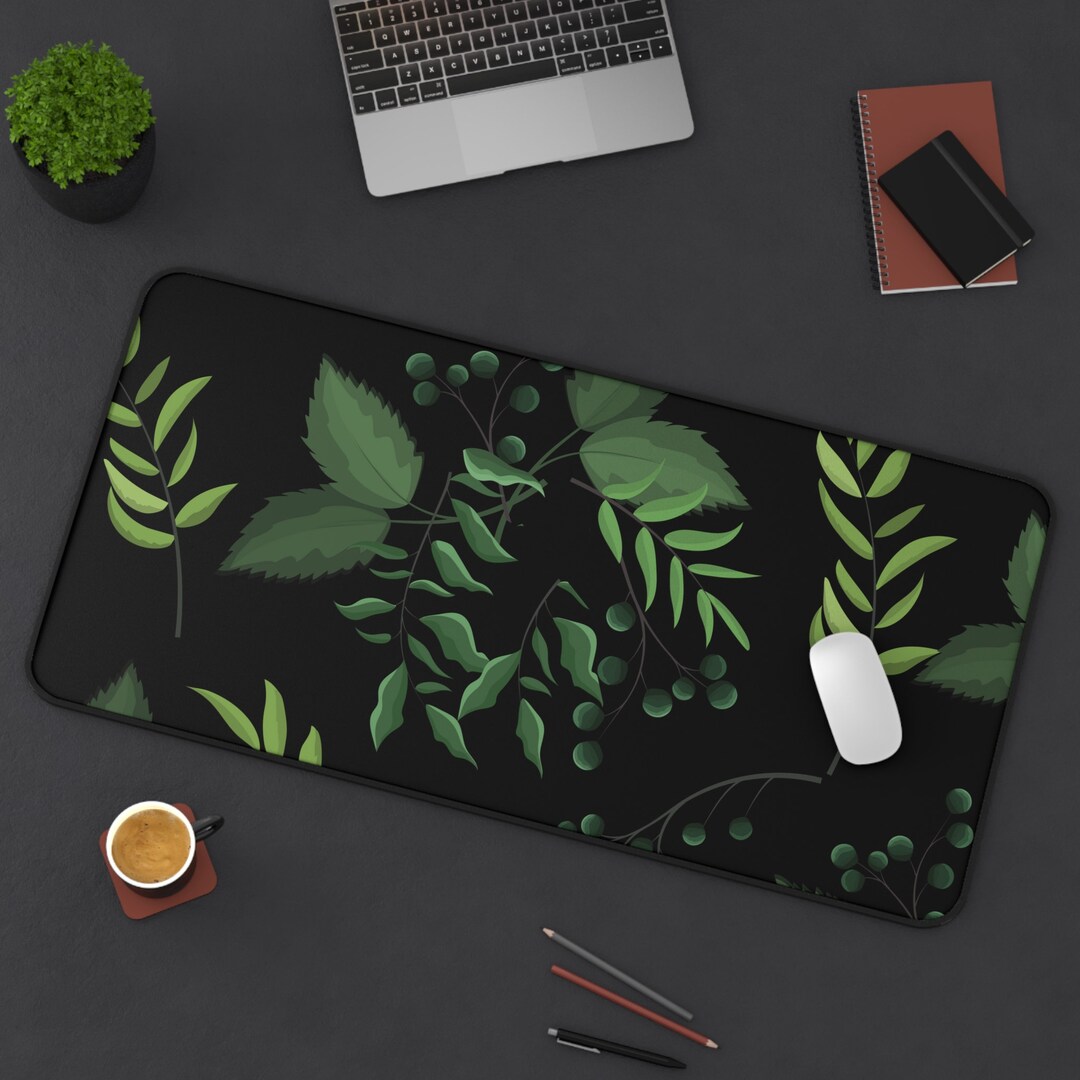 Dark Cottagecore Green Desk Mat, Green and Black Botanical Detailed ...