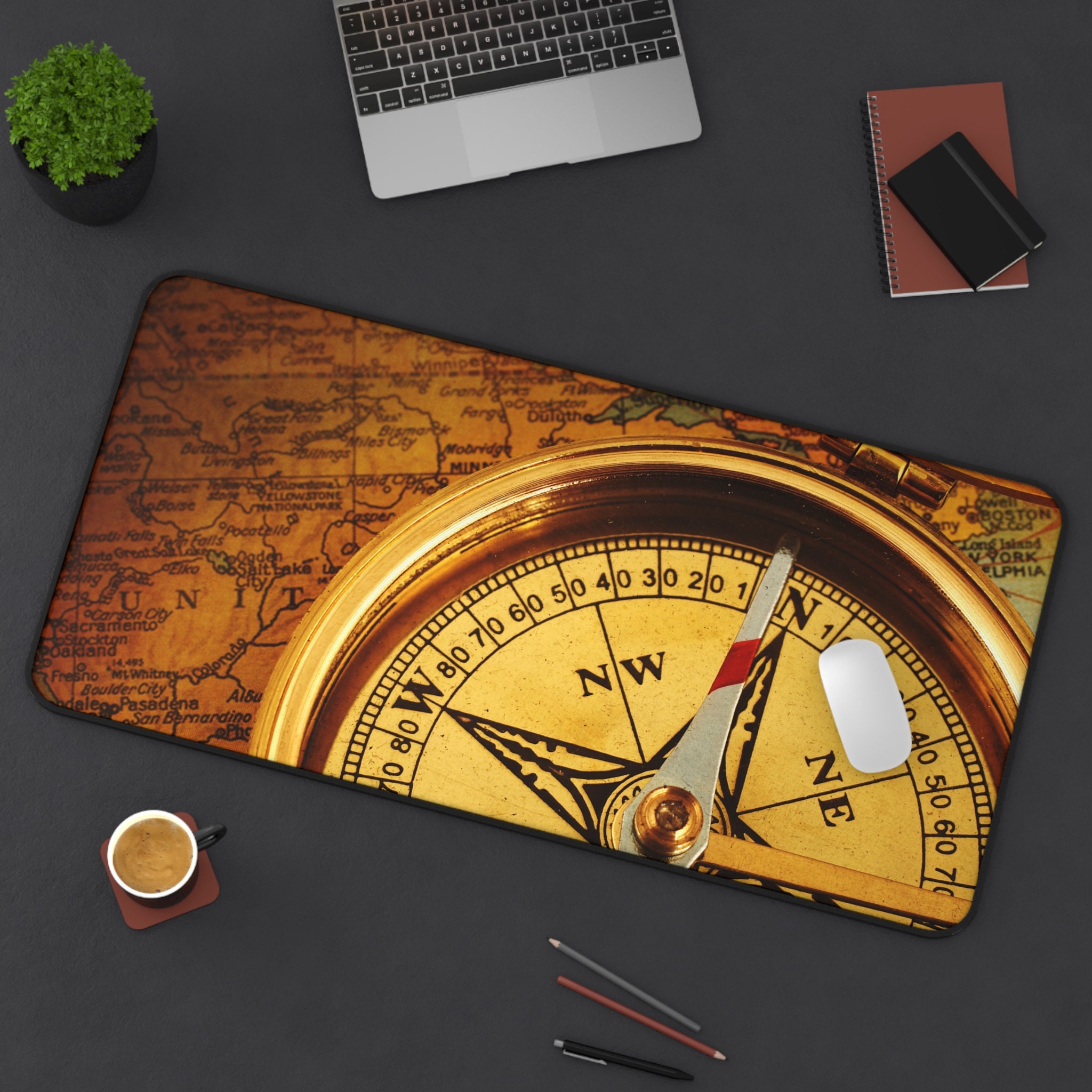 Compass and World Map Desk Mat Navigation Mouse Pad Cartography Office ...