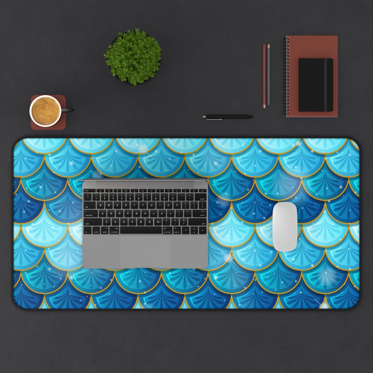 Mermaid Scale Desk Mat in Blue Iridescent Tones XXL Mousepad Office ...
