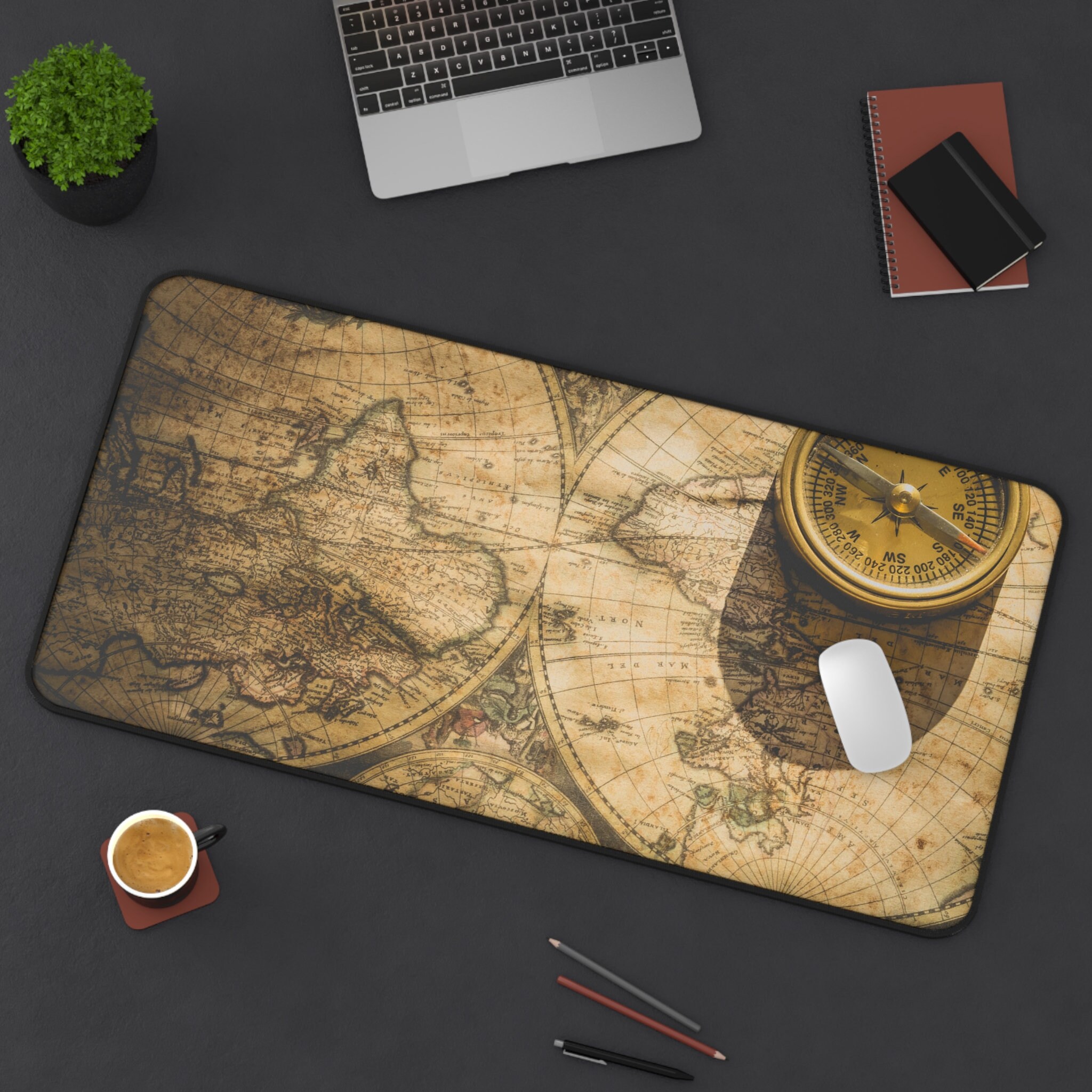Compass and World Map Desk Mat Navigation Mouse Pad Cartography Office ...