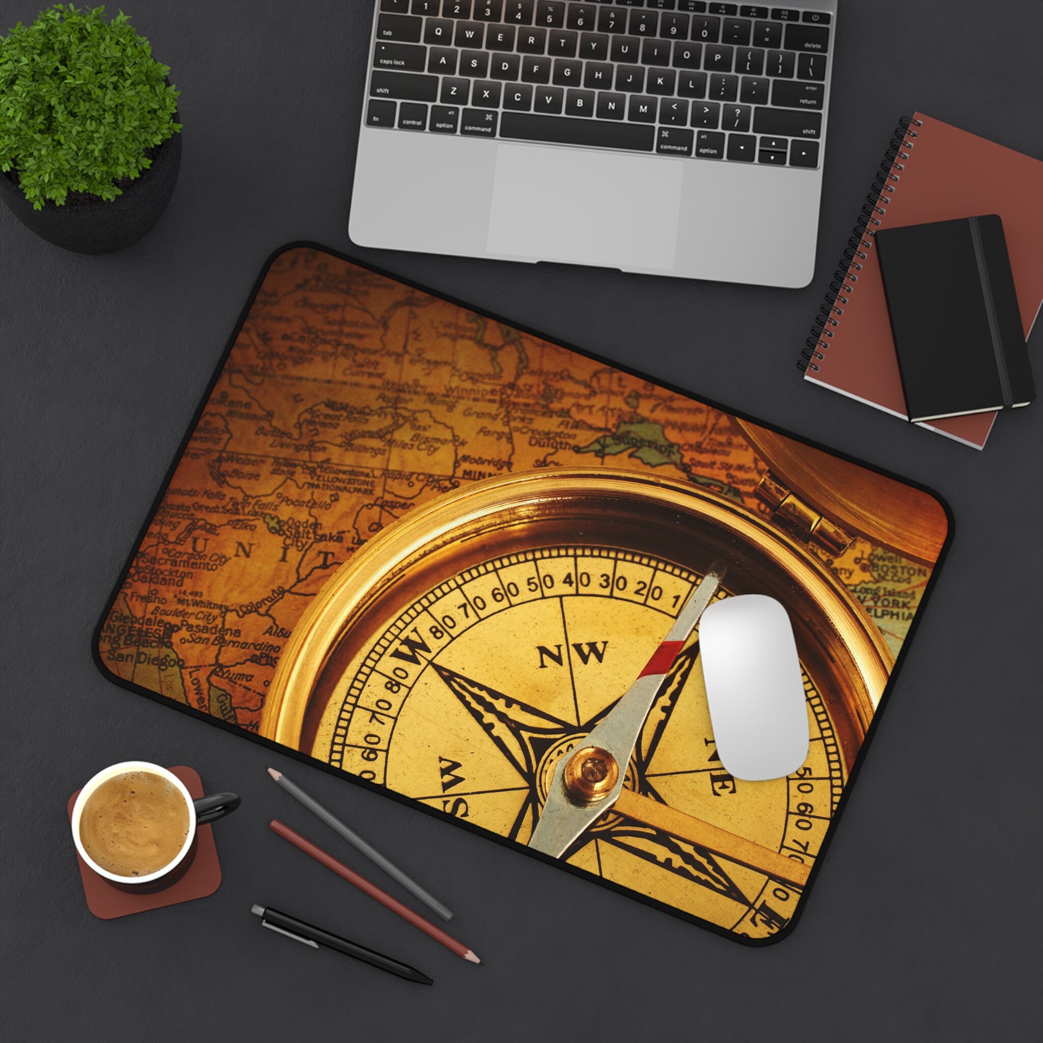 Compass and World Map Desk Mat Navigation Mouse Pad Cartography Office ...