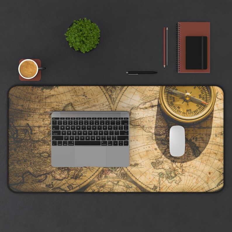 Compass and World Map Desk Mat Navigation Mouse Pad Cartography Office ...
