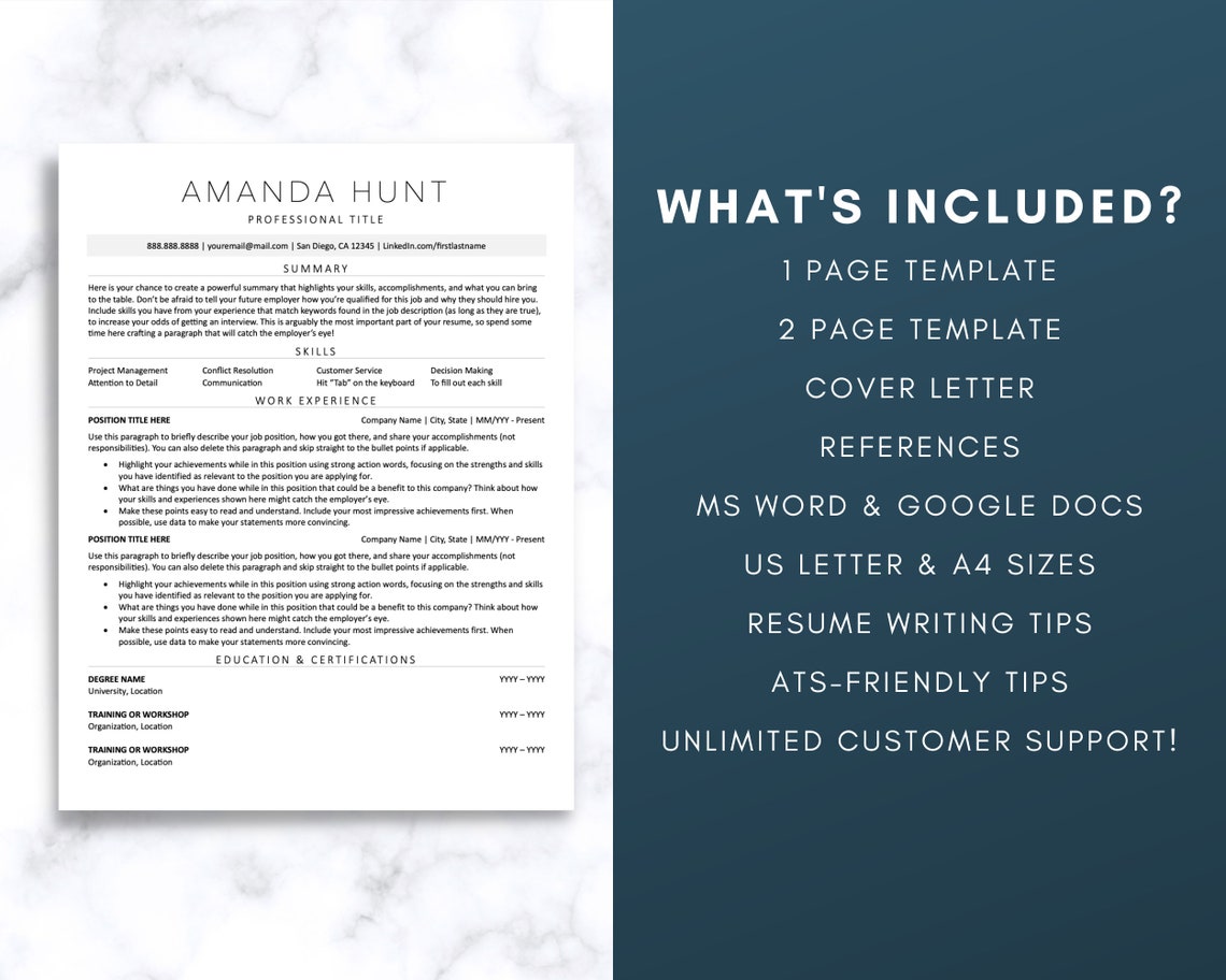 ATS Friendly Resume Template for Microsoft Word, MS Word, Google Docs ...